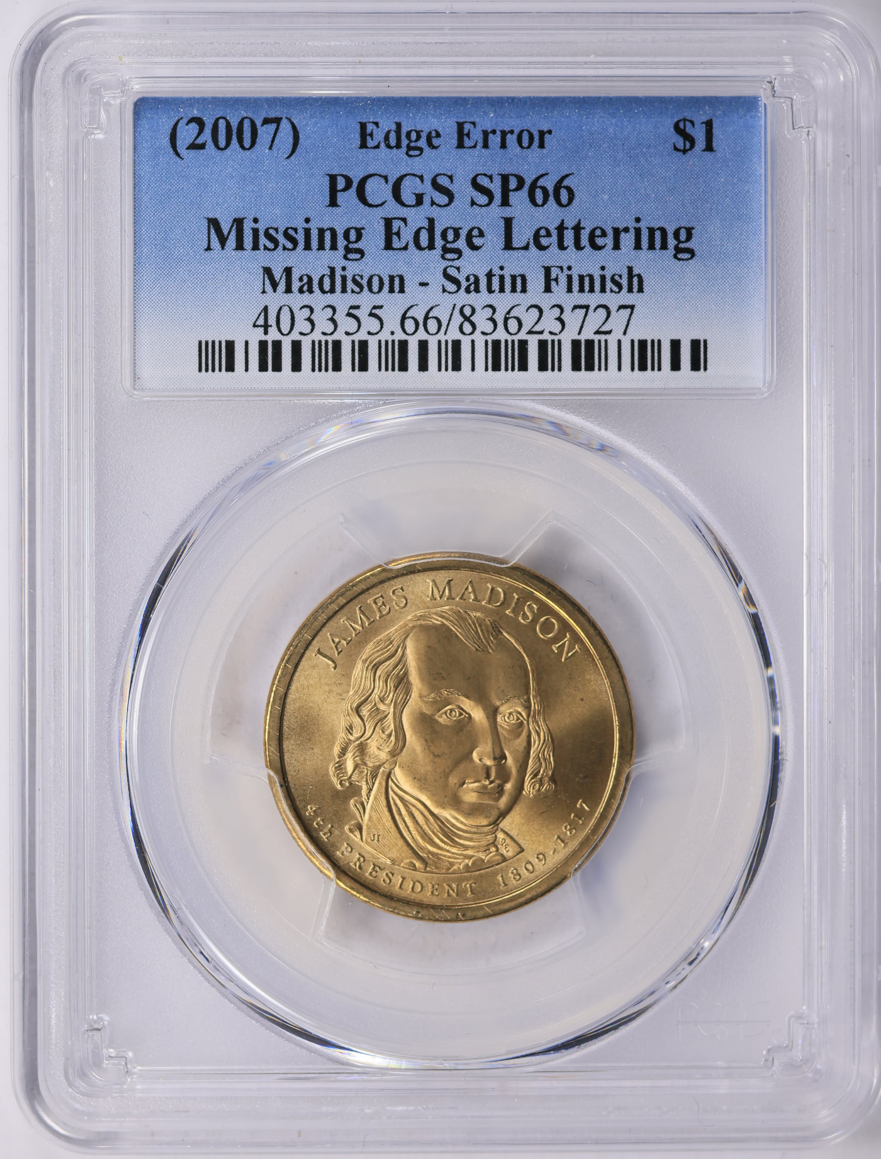 Mint Error (2007) Presidential Dollar James Madison Missing Edge ...