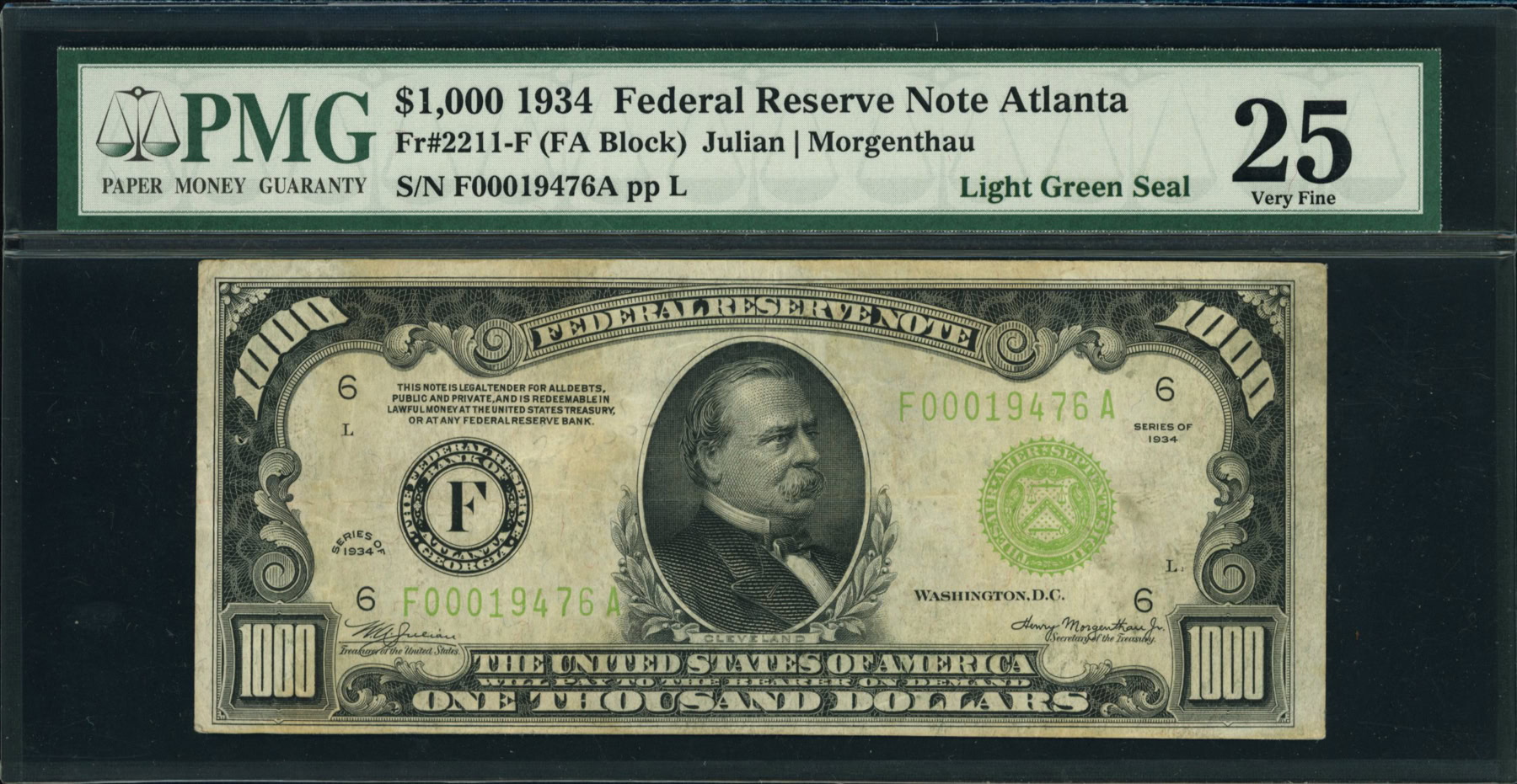 Fr. 2211-Flgs Light Green (FA Block) 1934 $1,000 Atlanta Federal ...