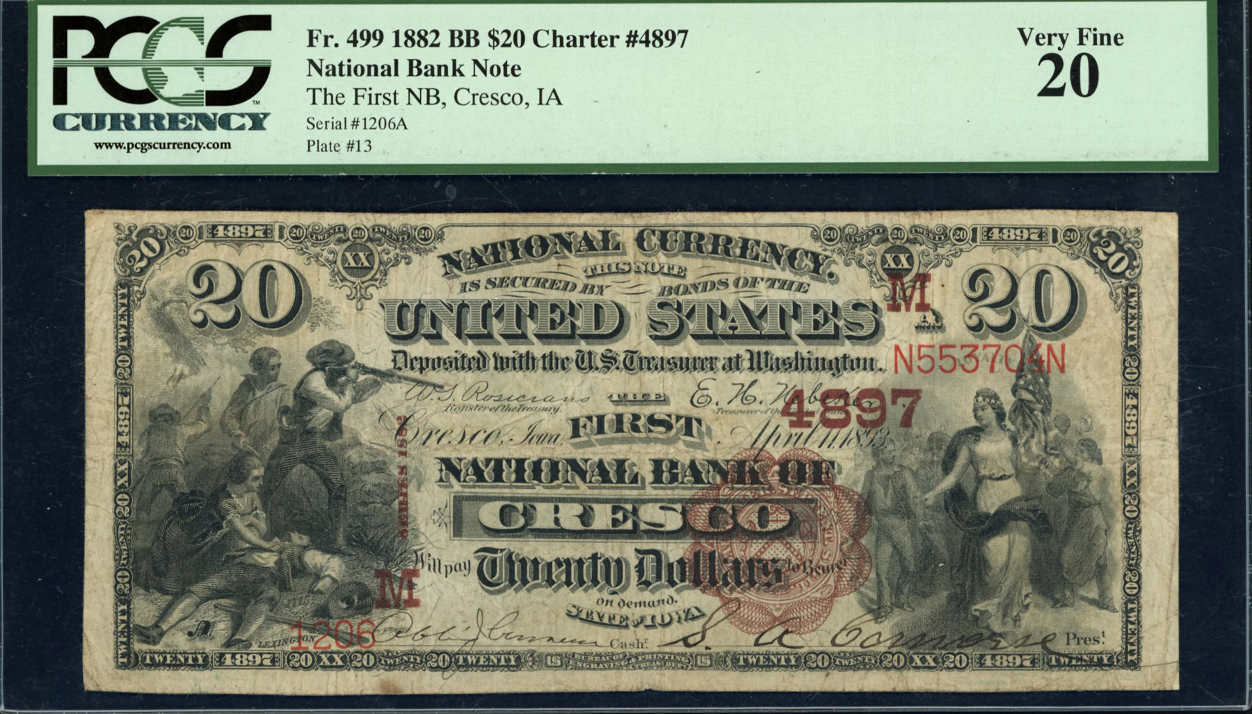 Fr. 499 Cresco, Iowa 1882 $20 Brown Back Note The First National Bank ...