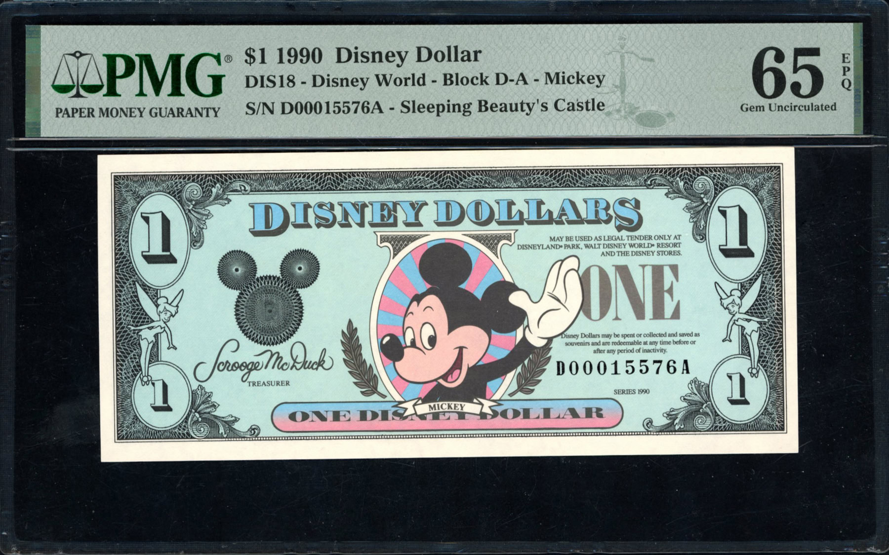 DIS18 1990 Disney World $1 Disney Dollar Note Mickey / Sleeping Beauty ...