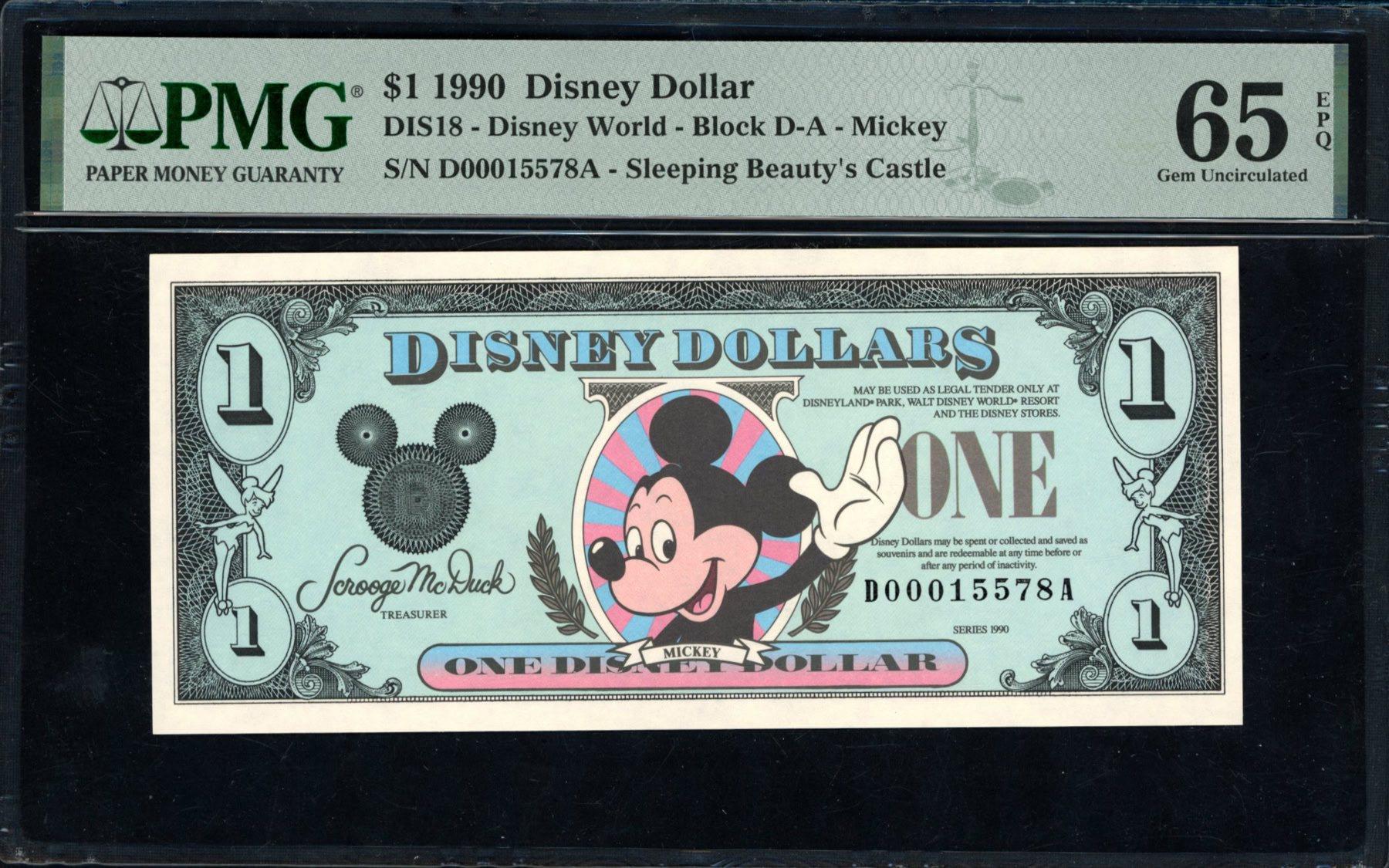 DIS18 1990 Disney World $1 Disney Dollar Note Mickey / Sleeping Beauty ...