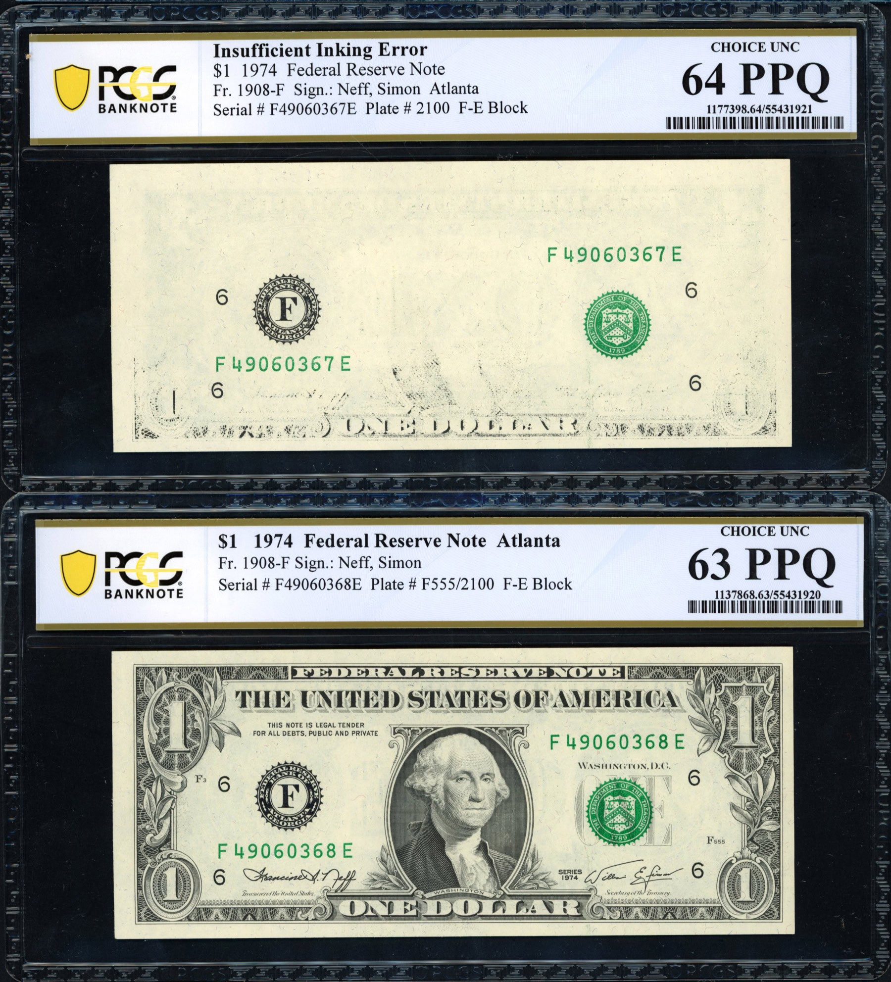 Fr. 1908-F (FE Block) 1974 $1 Atlanta Federal Reserve Notes Sequential ...