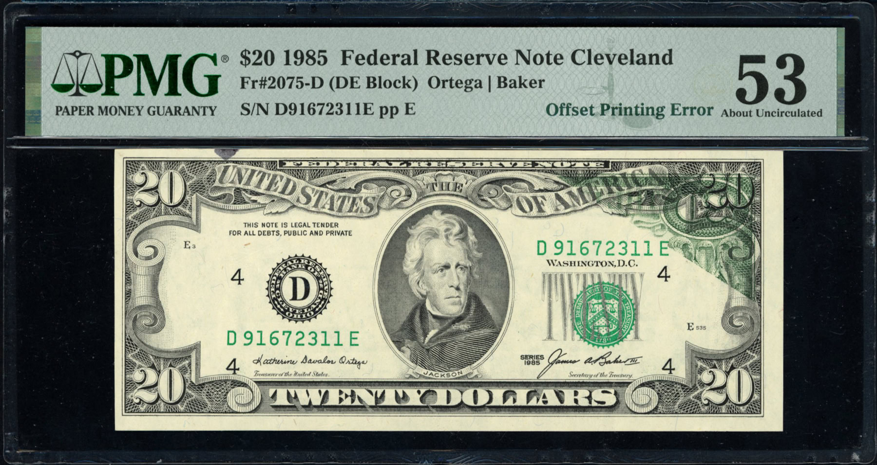 Fr. 2075-D (DE Block) 1985 $20 Cleveland Federal Reserve Error Note ...