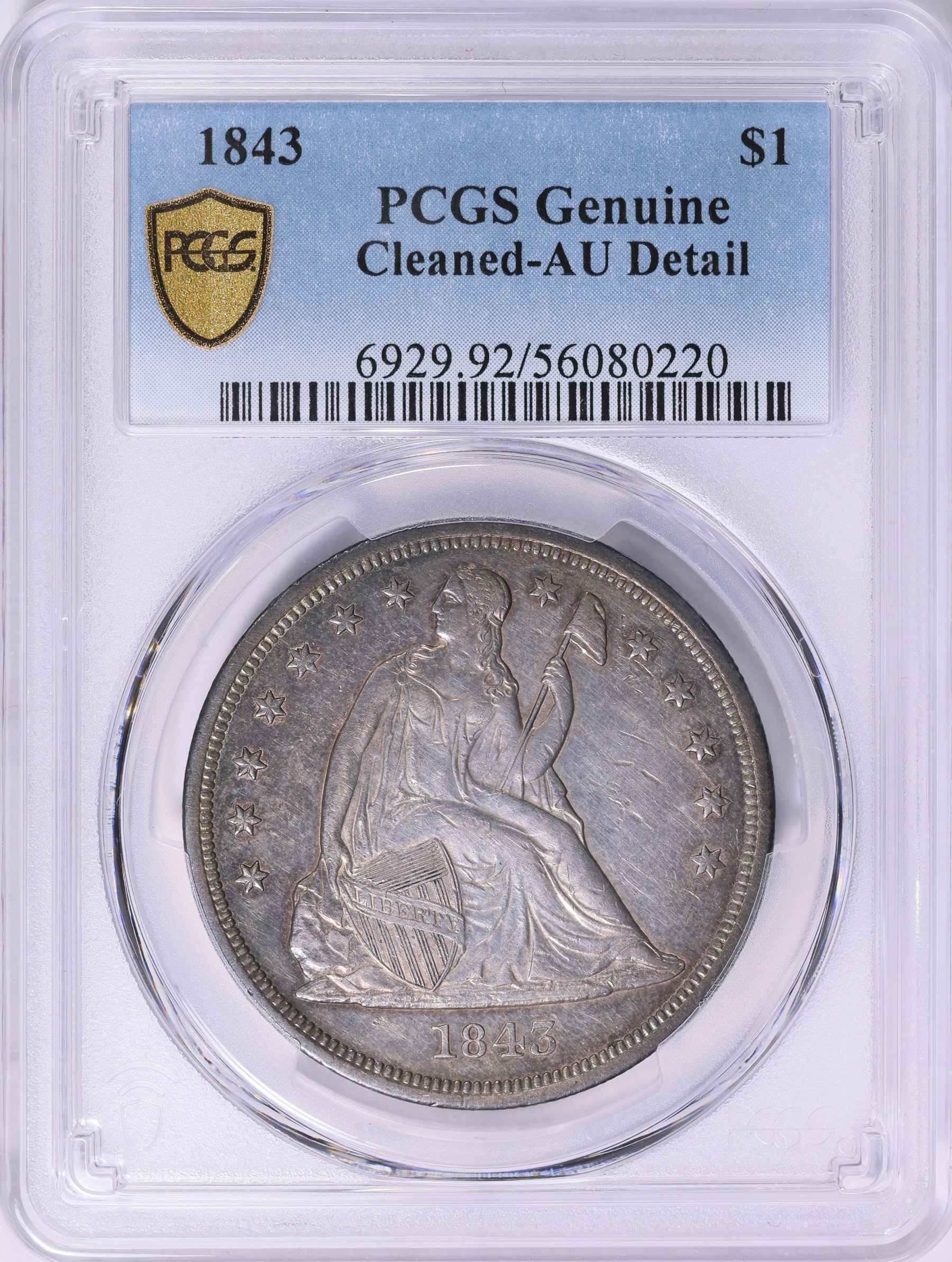 1843 Seated Liberty Silver Dollar PCGS Genuine AU Details (Item 1819305) | GreatCollections Coin ...
