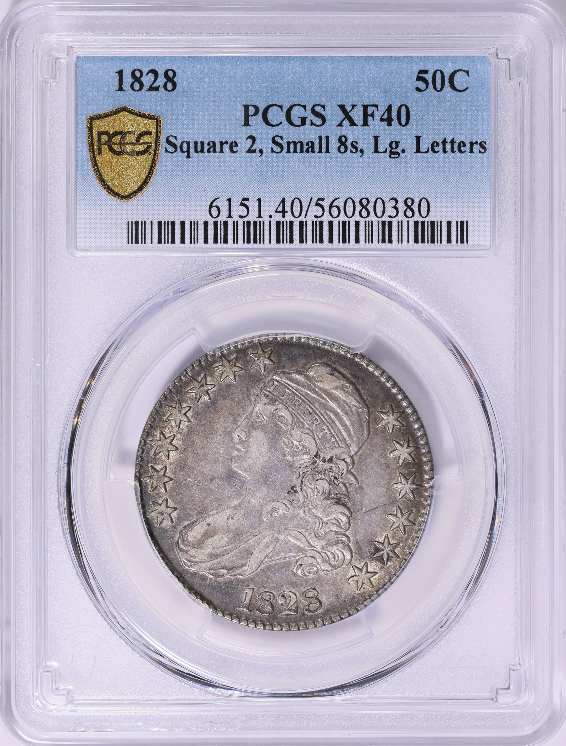 1828 Capped Bust Half Dollar Square Base 2, Small 8s, Large Letters PCGS XF-40 (Toned) (Item ...