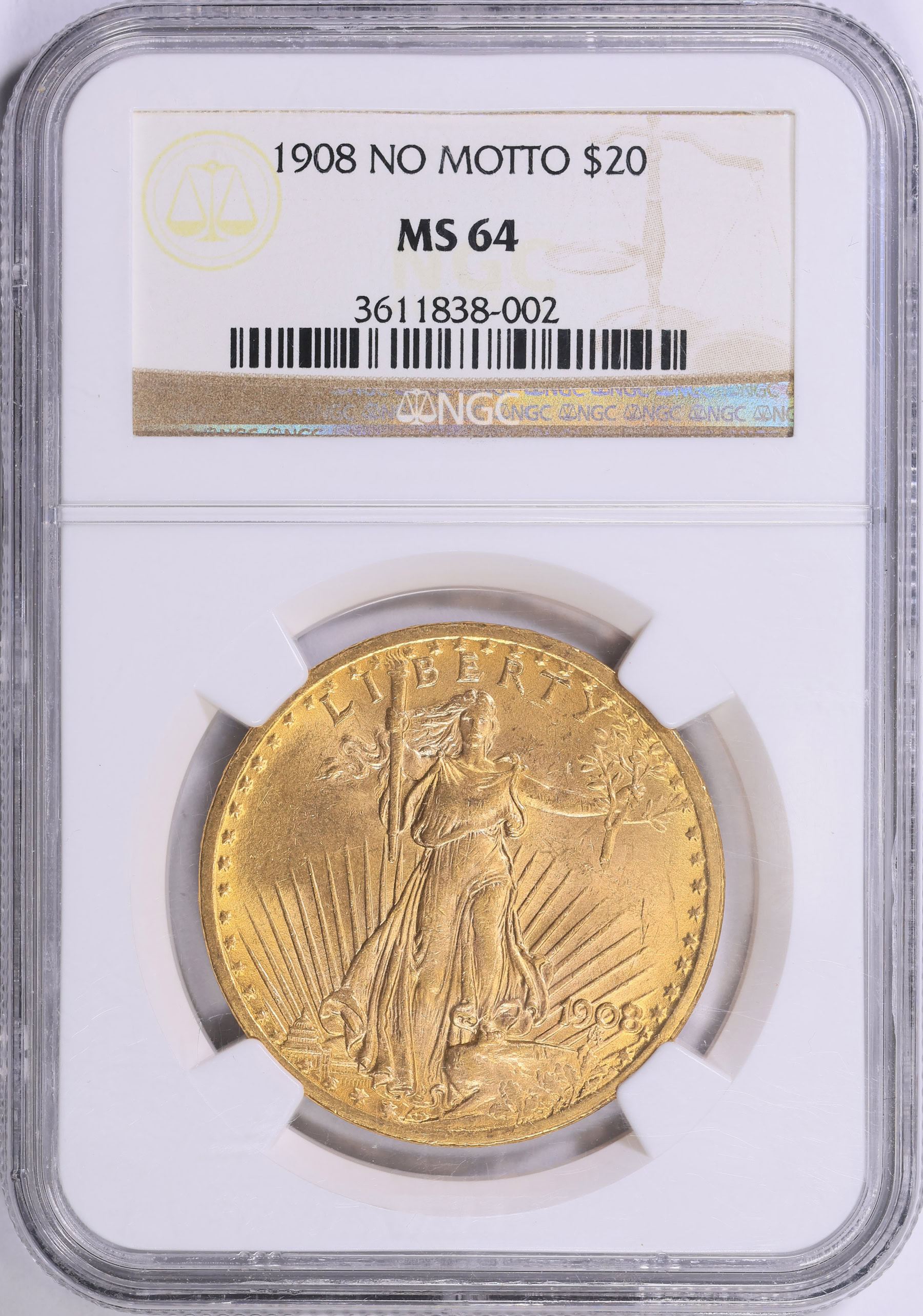 1908 Saint-Gaudens Gold Double Eagle No Motto NGC MS-64 (Item 1819605) | GreatCollections Coin ...