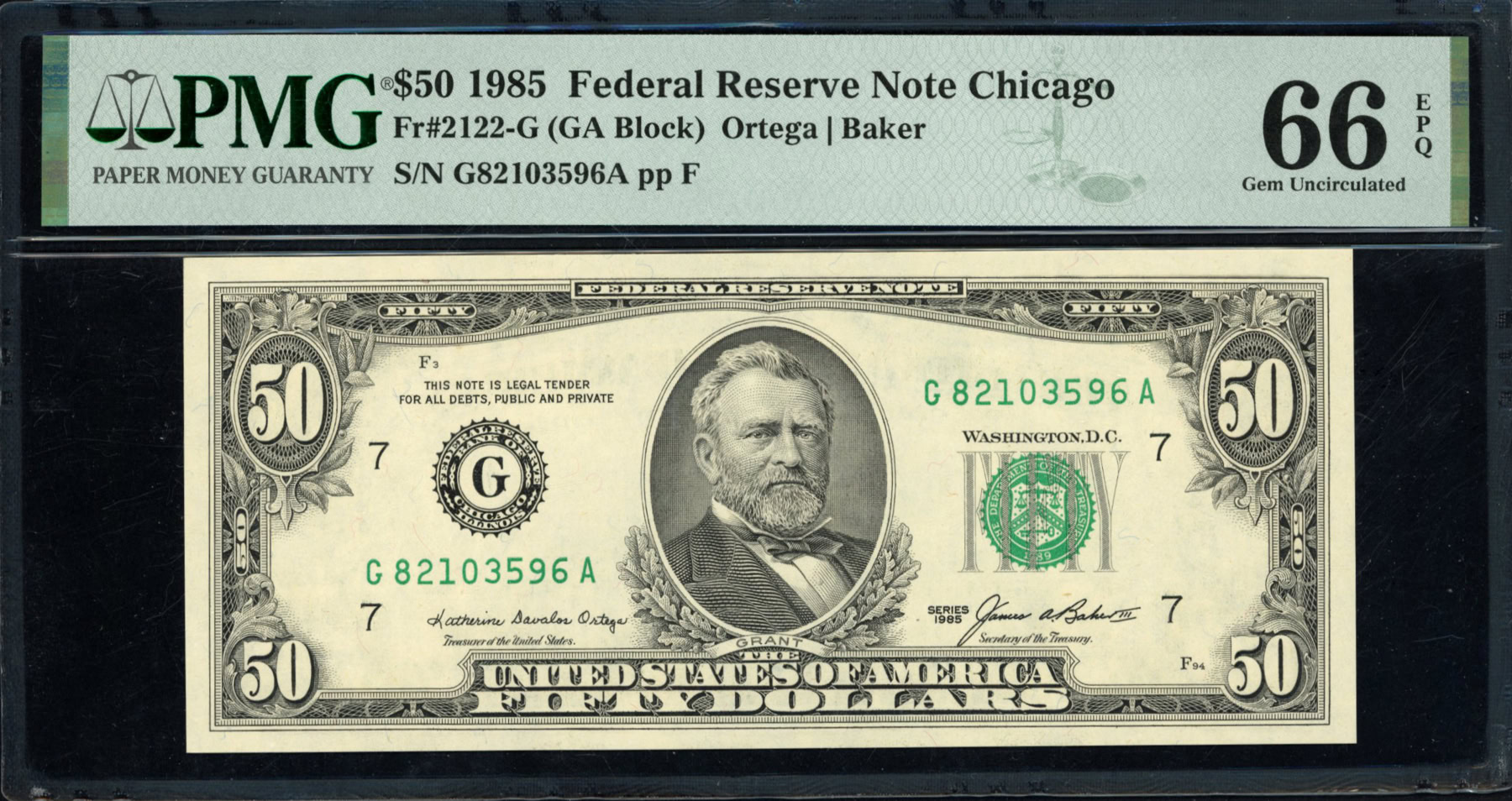 Fr. 2122-G (GA Block) 1985 $50 Chicago Federal Reserve Note Ortega ...
