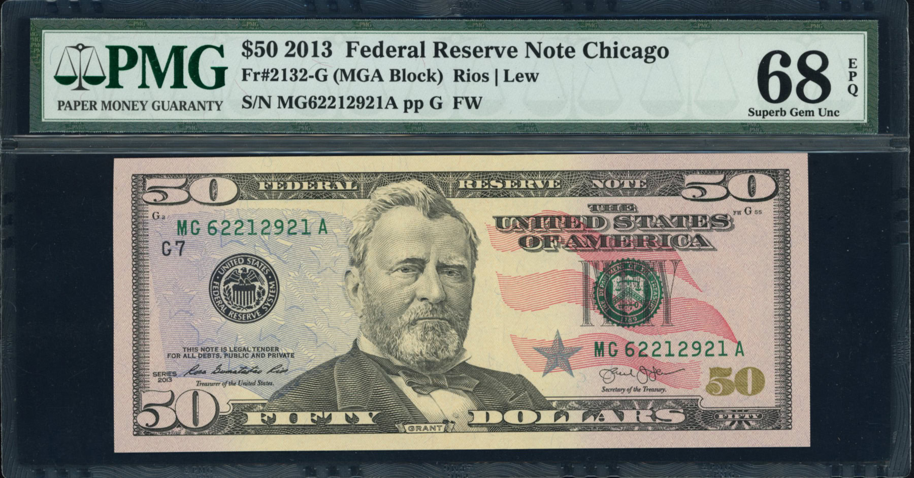 Fr. 2132-G (MGA Block) 2013 $50 Chicago Federal Reserve Note Rios / Lew ...