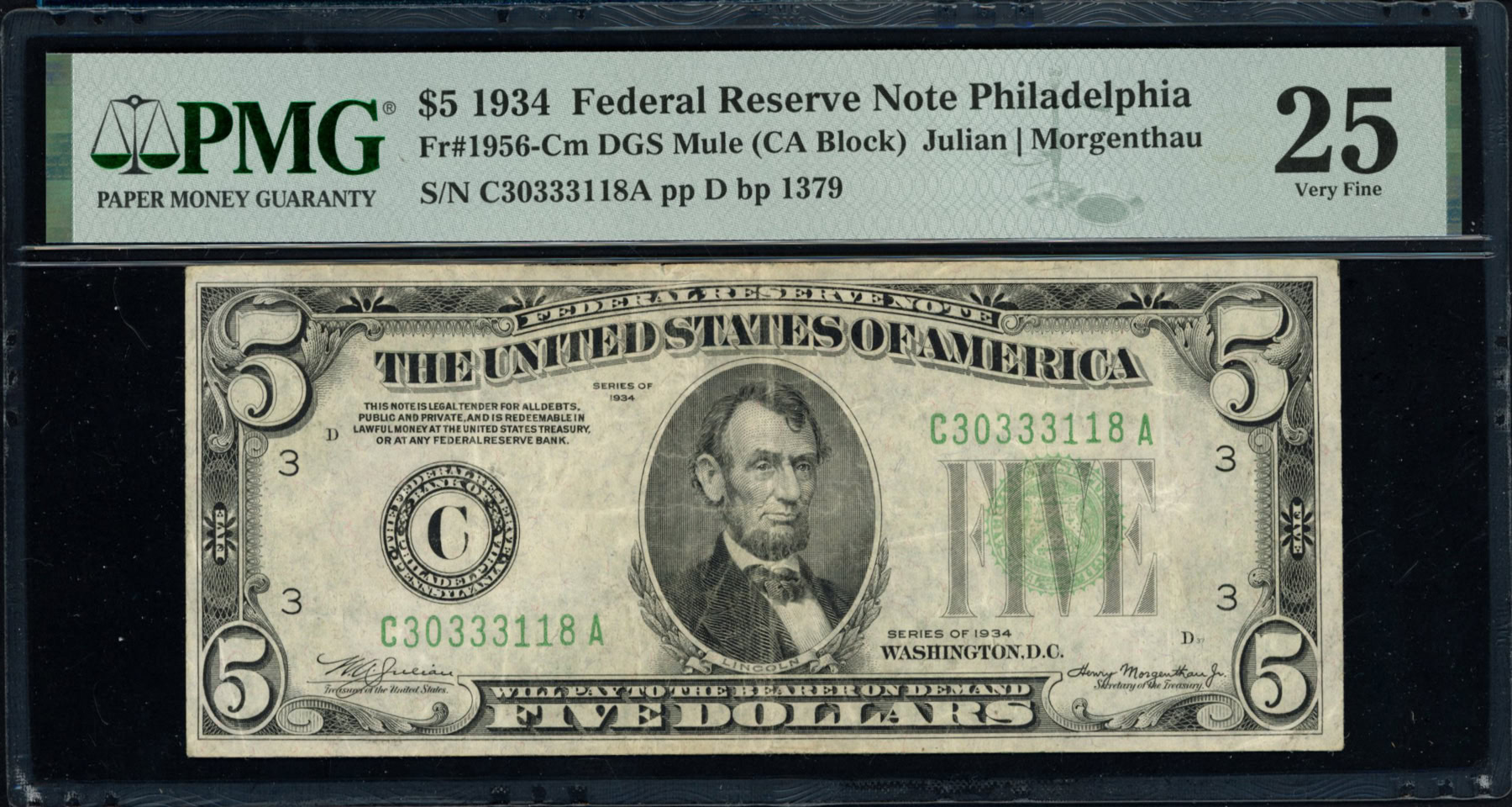 Fr. 1956-Cm (CA Block) 1934 $5 Philadelphia Federal Reserve Mule Note Julian / Morgenthau PMG ...