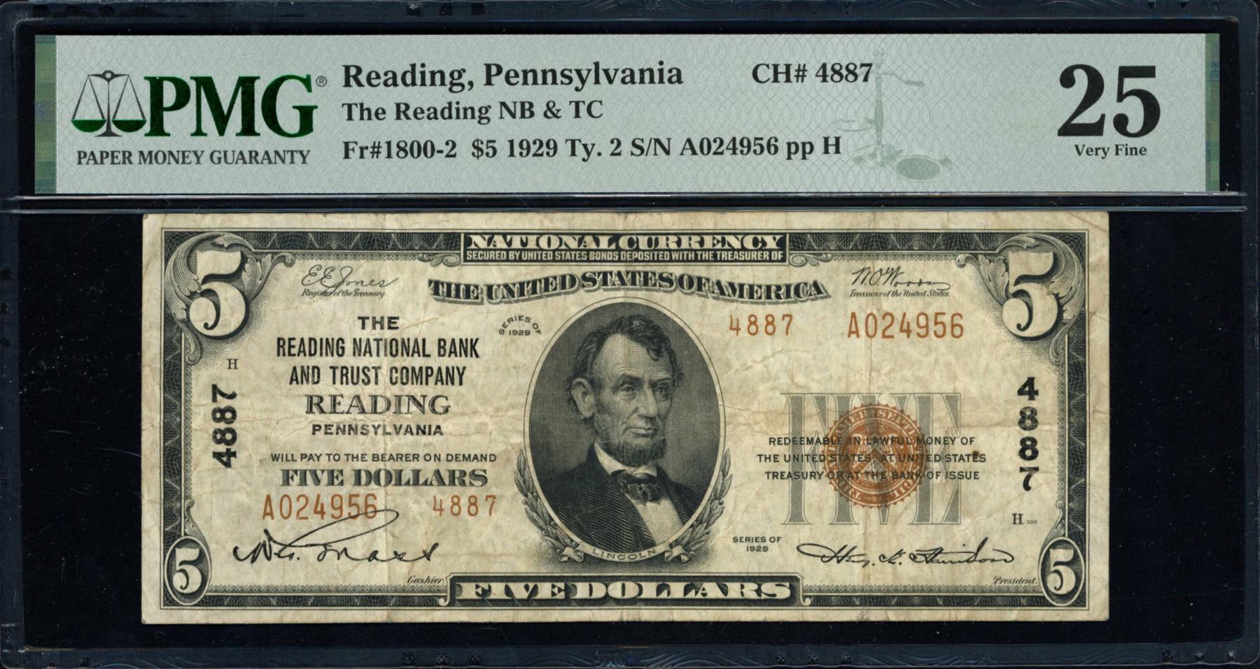 Fr. 1800-2 Reading Pennsylvania 1929 Type 2 $5 Note The Reading ...