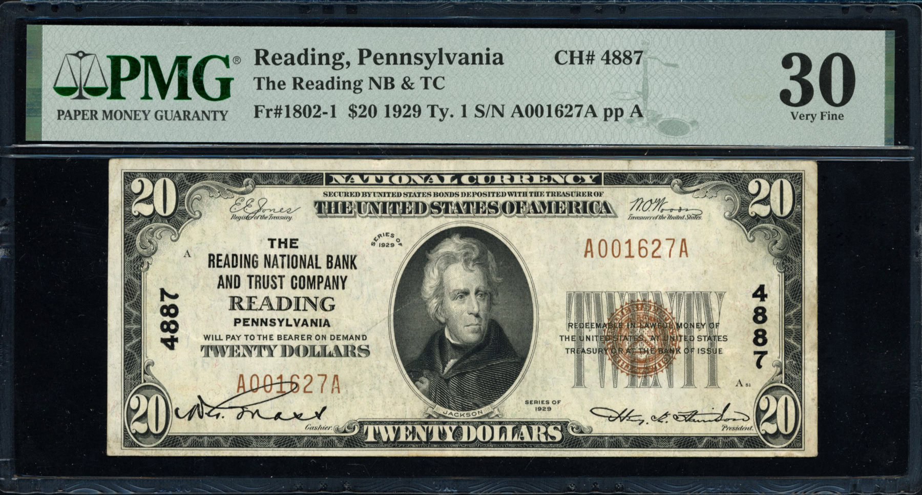 Fr. 1802-1 Reading, Pennsylvania 1929 Type 1 $20 Note The Reading ...