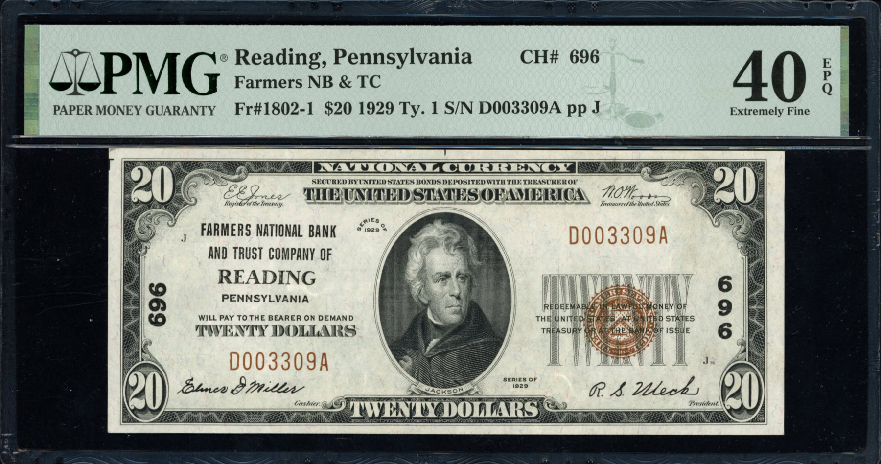 Fr. 1802-1 Reading, Pennsylvania 1929 Type 1 $20 Note Farmers National ...