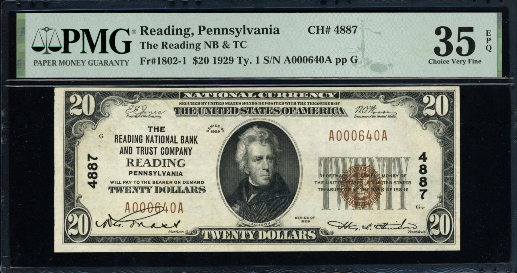 Fr. 1802-1 Reading Pennsylvania 1929 Type 1 $20 Note The Reading ...