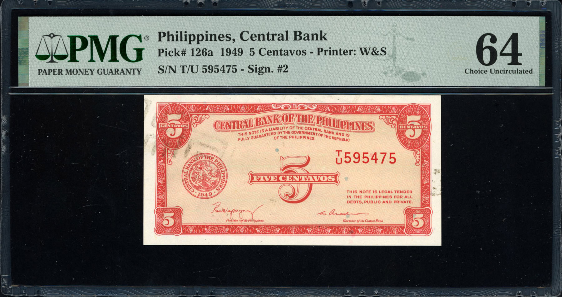 Philippines 1949 5 Centavos Central Bank Note SCWPM-126a PMG Choice ...