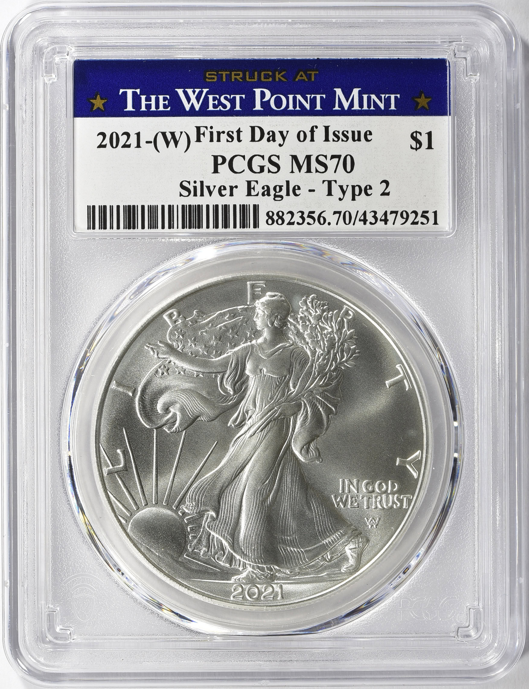 2021-(W) $1 Silver Eagle Type 2 Struck at West Point First Day of Issue PCGS MS-70 (Item 1820684 ...
