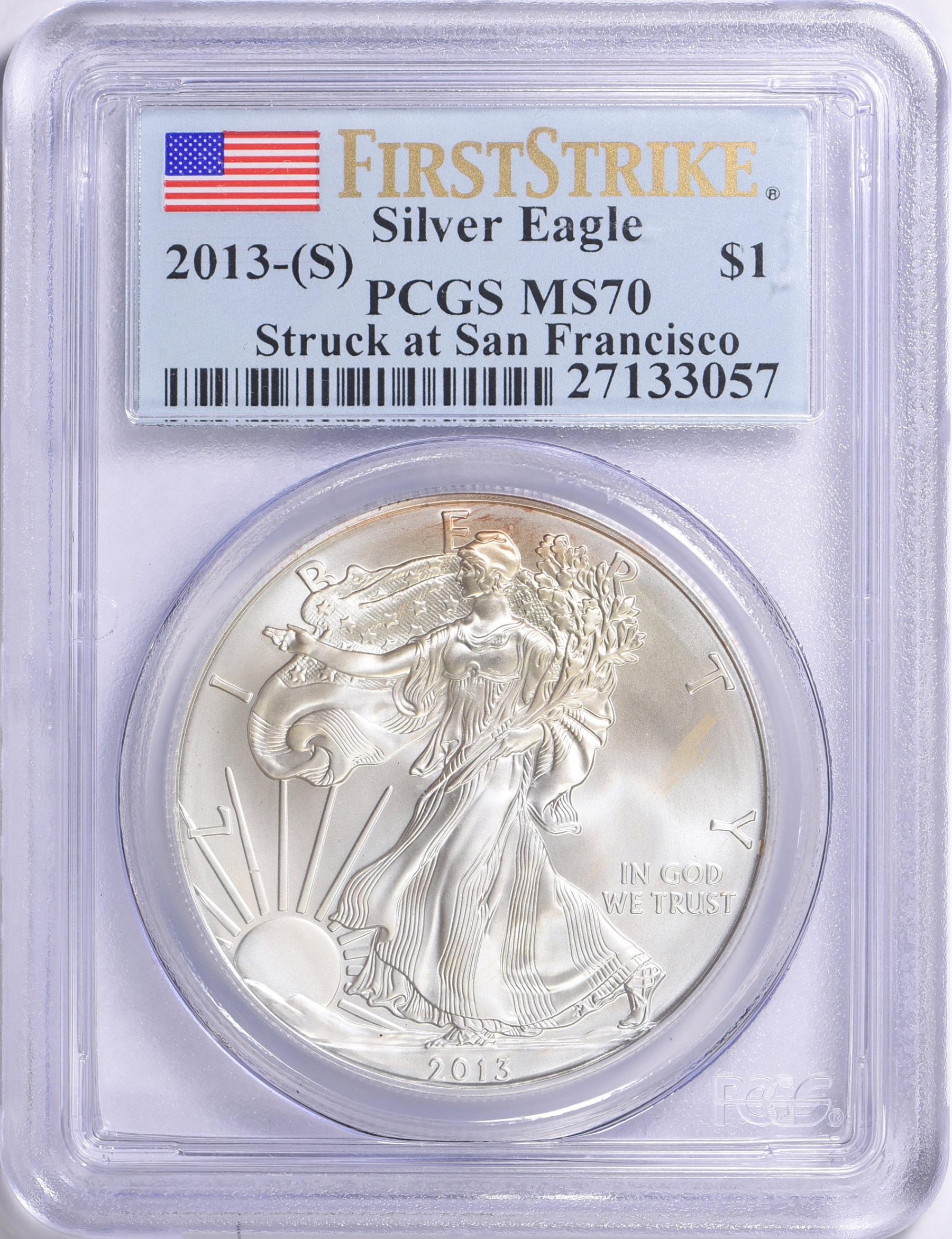 2013-(S) $1 Silver Eagle First Strike (Struck at San Francisco) PCGS MS-70 (Toned) (Item 1820691 ...