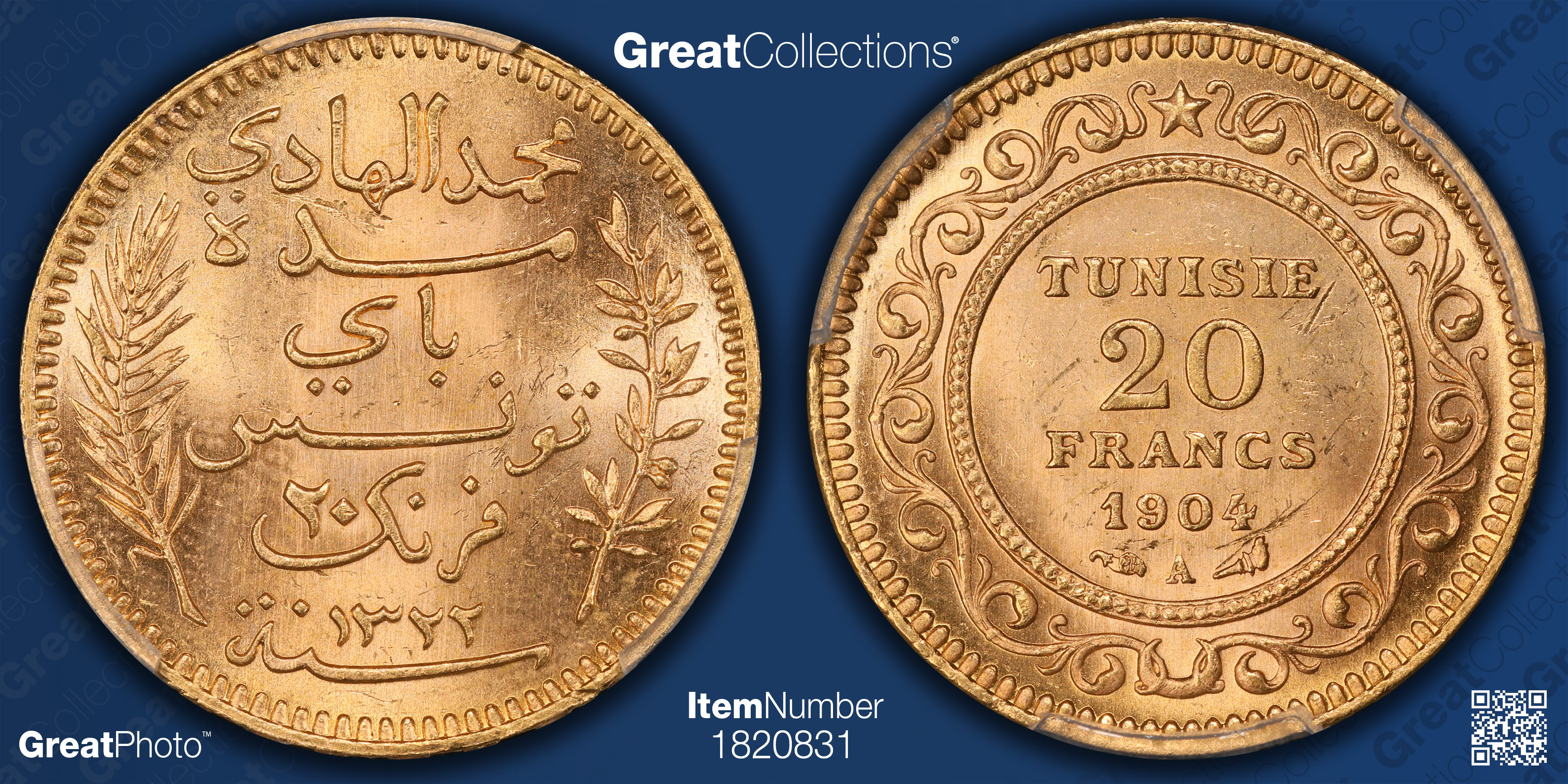 Tunisia AH 1322 // 1904-A Gold 20 Francs KM-234 PCGS MS-64 (AGW = 0. ...
