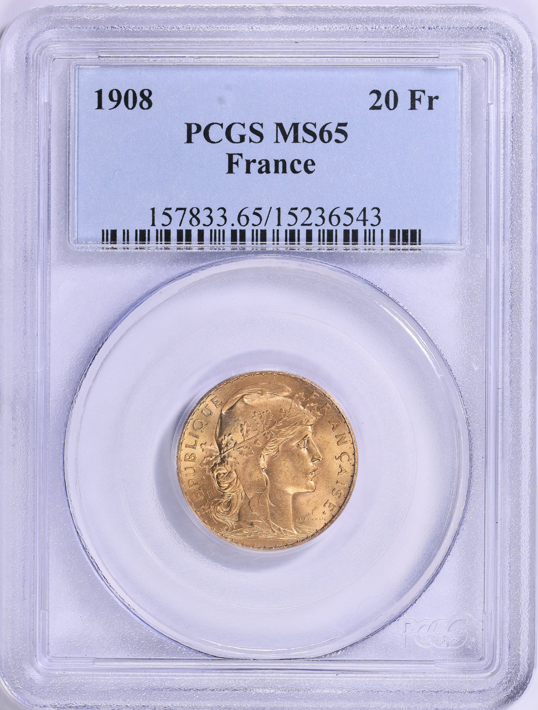 France 1908 Gold 20 Francs KM-857 PCGS MS-65 (AGW = 0.1866 oz.) (Item ...