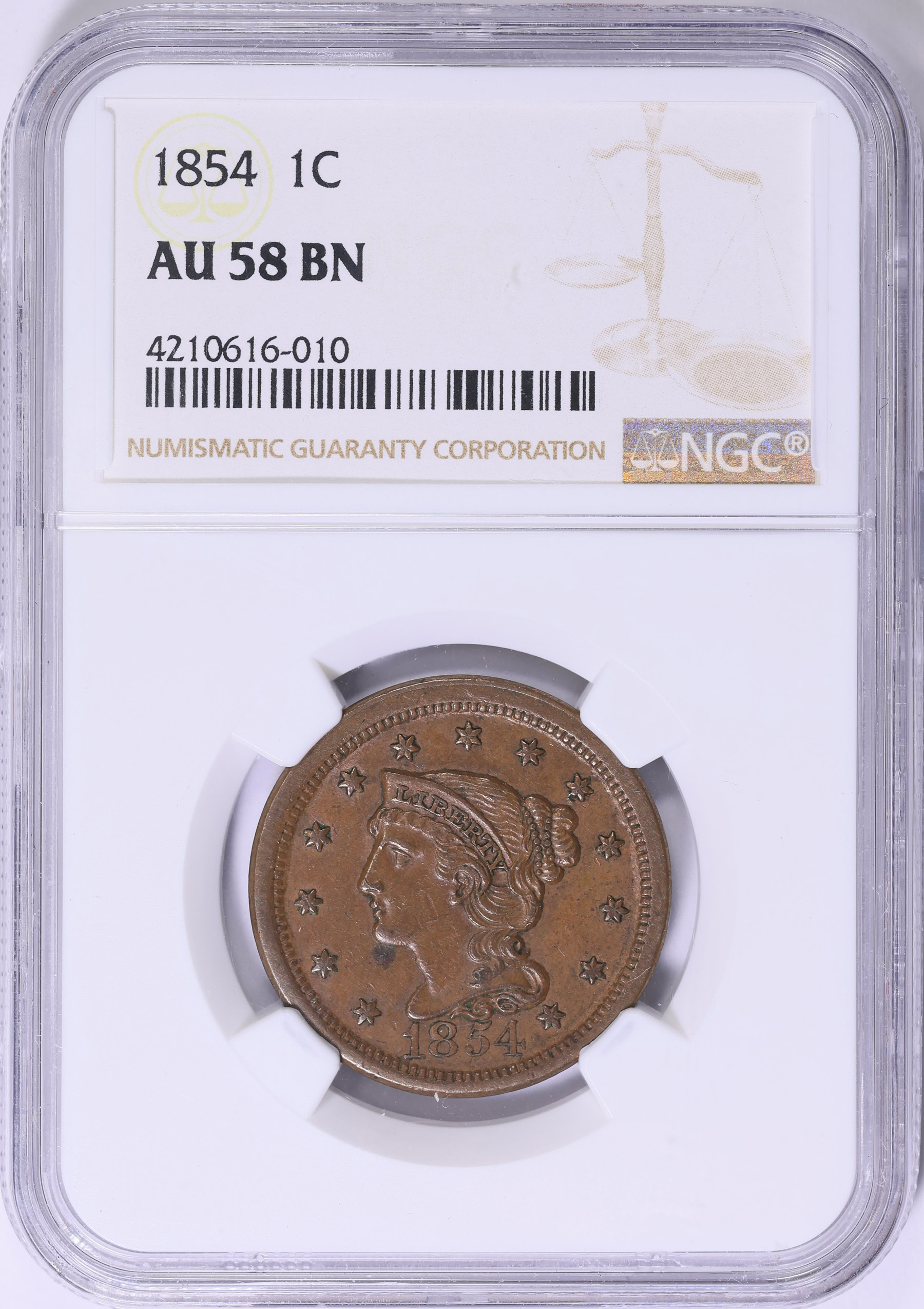 1854 Braided Hair Cent NGC AU-58 BN (Item 1820953) | GreatCollections Coin Auctions