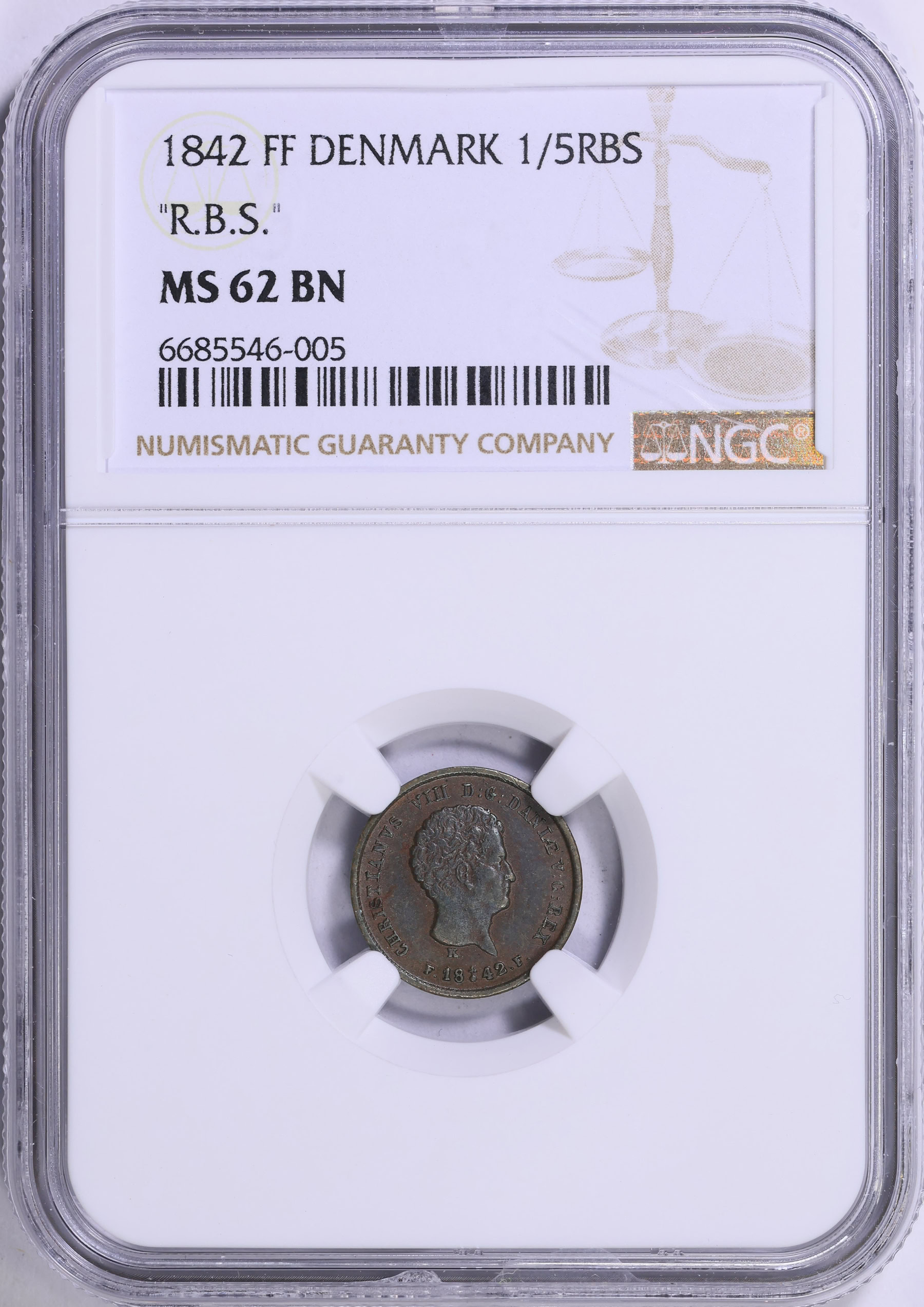 Denmark 1842-FF 1/5 Rigsbankskilling KM-724 NGC MS-62 BN (Item 1821190) | GreatCollections Coin ...