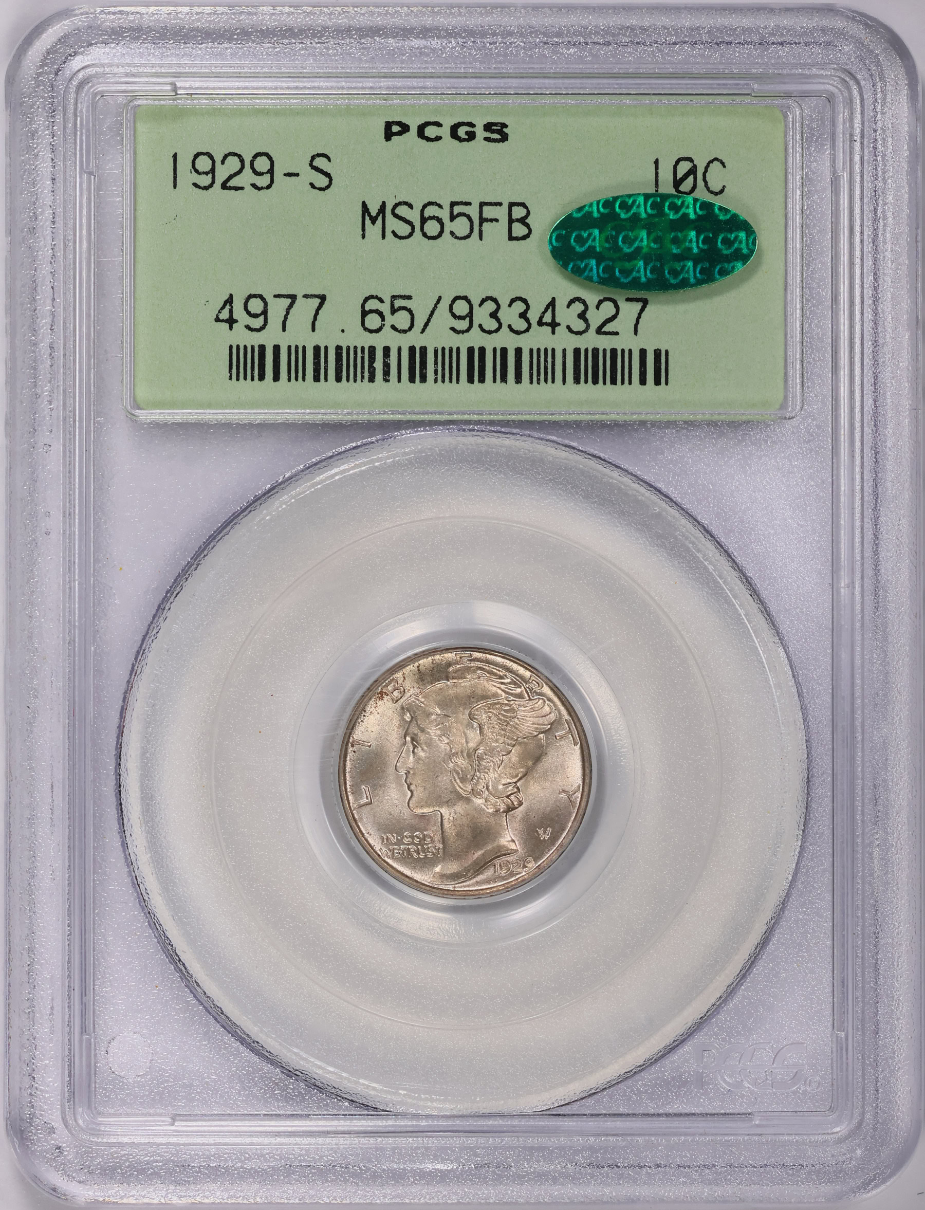 1929-S Mercury Dime PCGS MS-65 FB (CAC Green) OGH (Item 1821251) | GreatCollections Coin Auctions