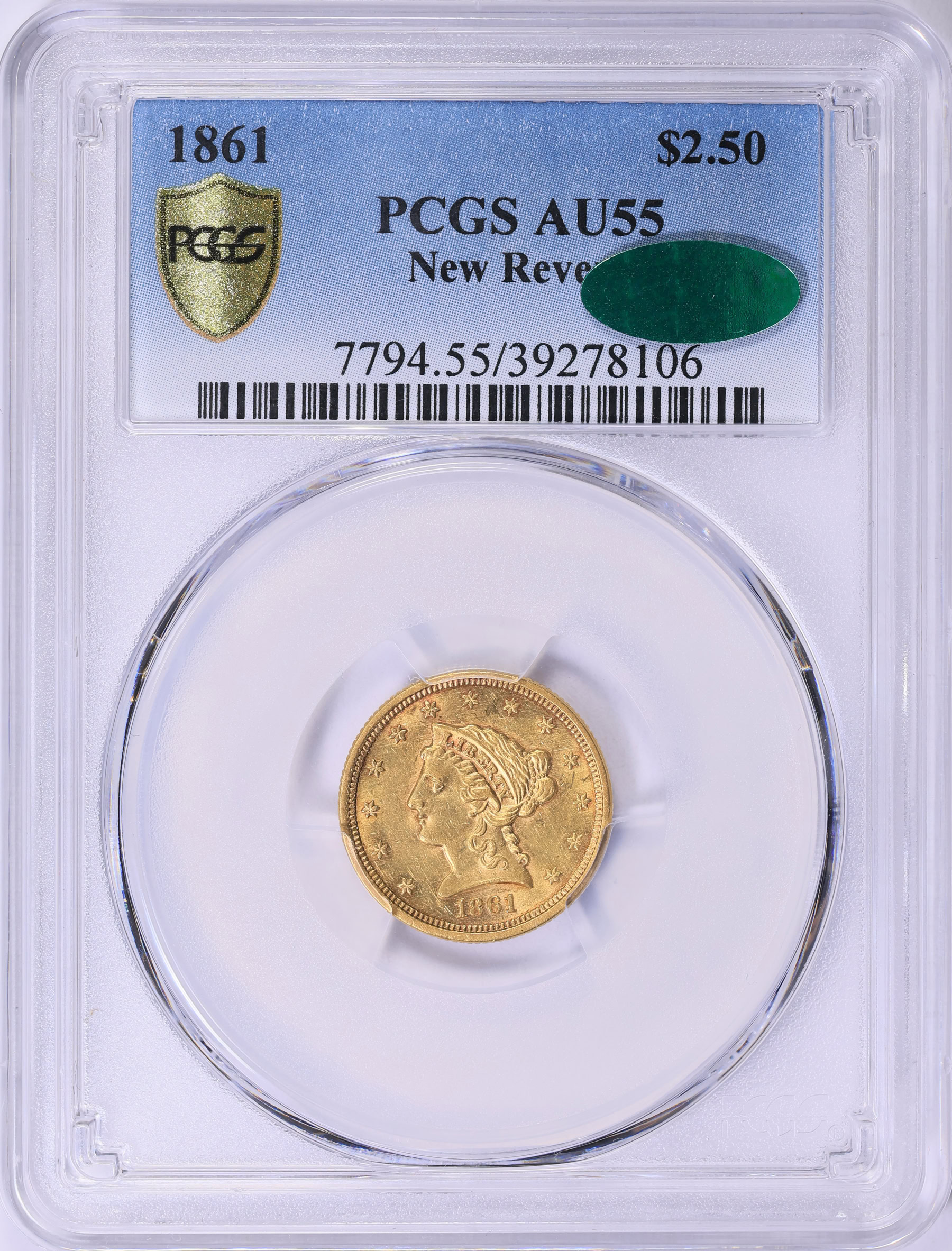 1861 Liberty Gold Quarter Eagle New Reverse PCGS AU-55 (CAC Green) (Item 1821408 ...