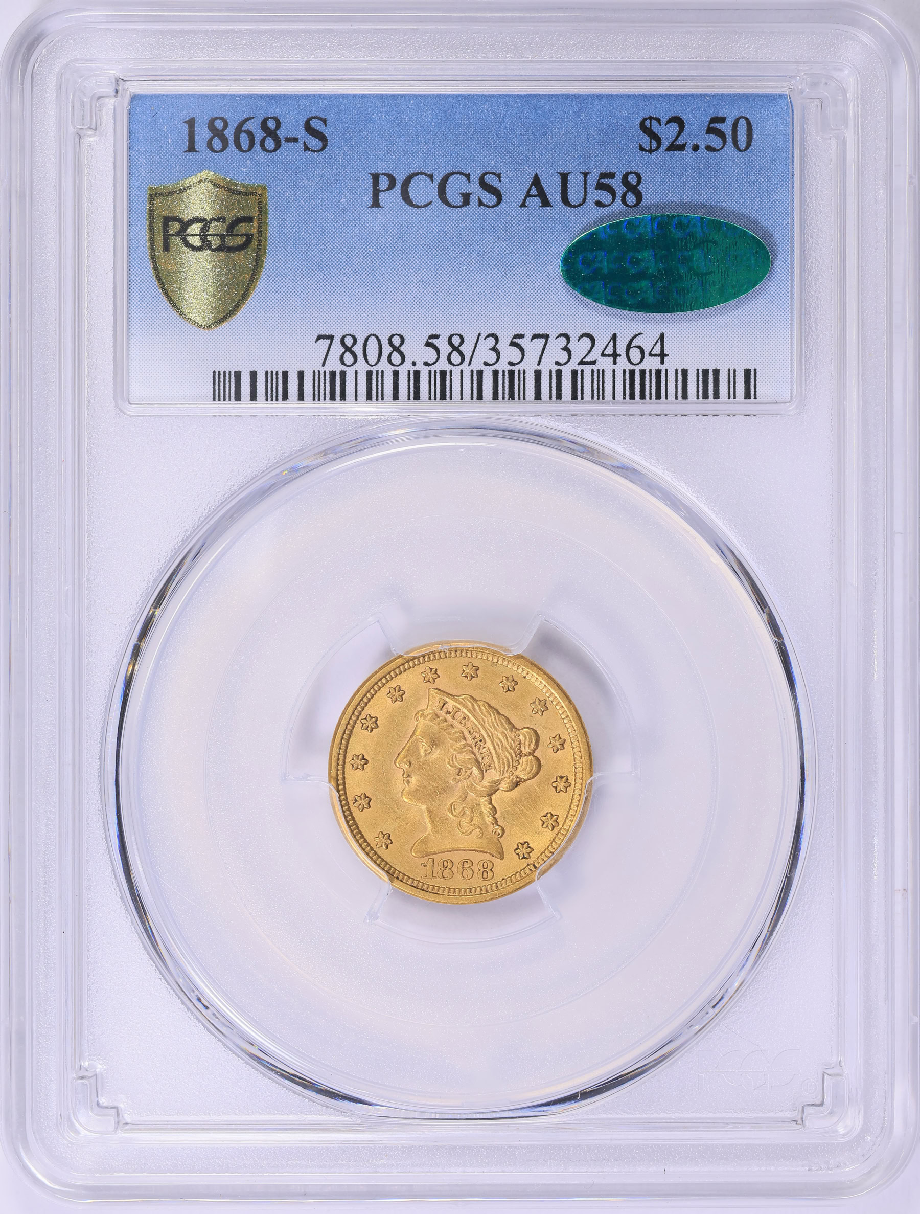 1868-S Liberty Gold Quarter Eagle PCGS AU-58 (CAC Green) (Item 1821409) | GreatCollections Coin ...