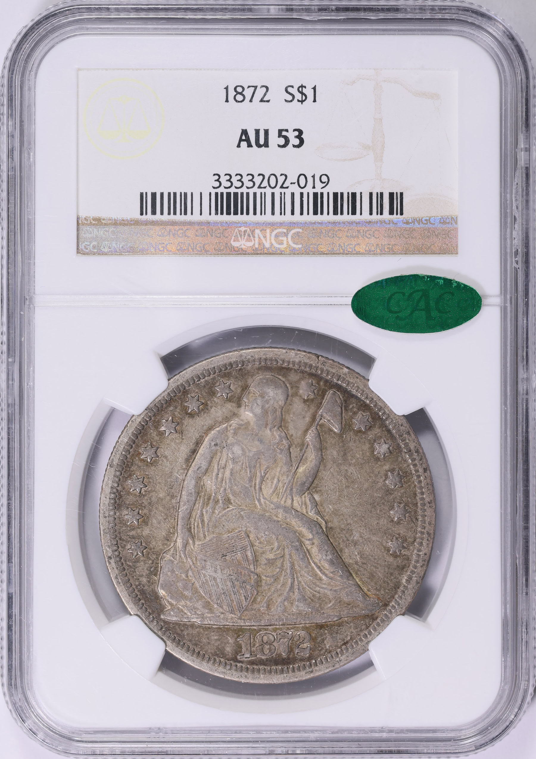 1872 Seated Liberty Silver Dollar NGC AU-53 (CAC Green) (Item 1821413) | GreatCollections Coin ...
