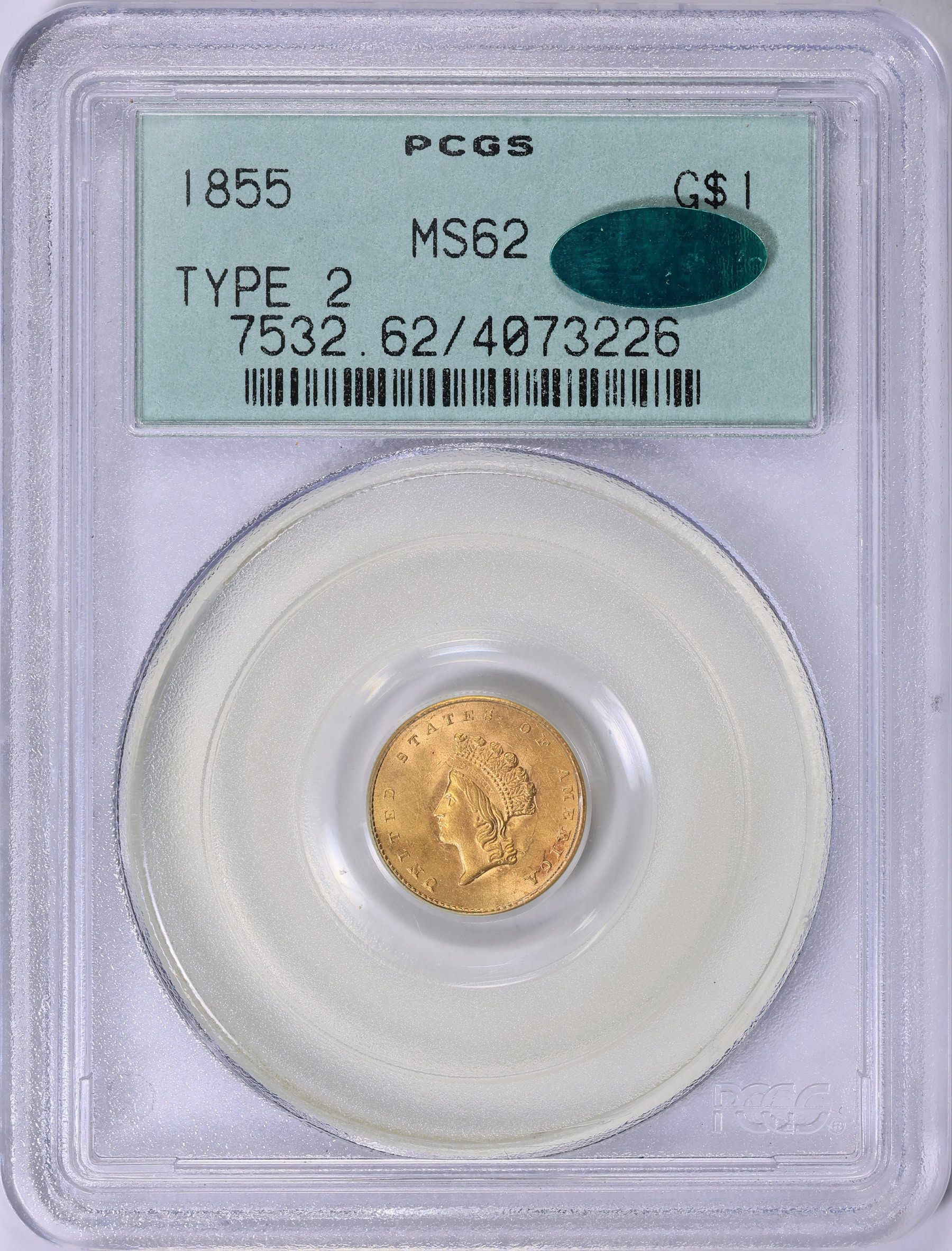 1855 Indian Princess Gold Dollar PCGS MS-62 (CAC Green) OGH (Item 1821419) | GreatCollections ...