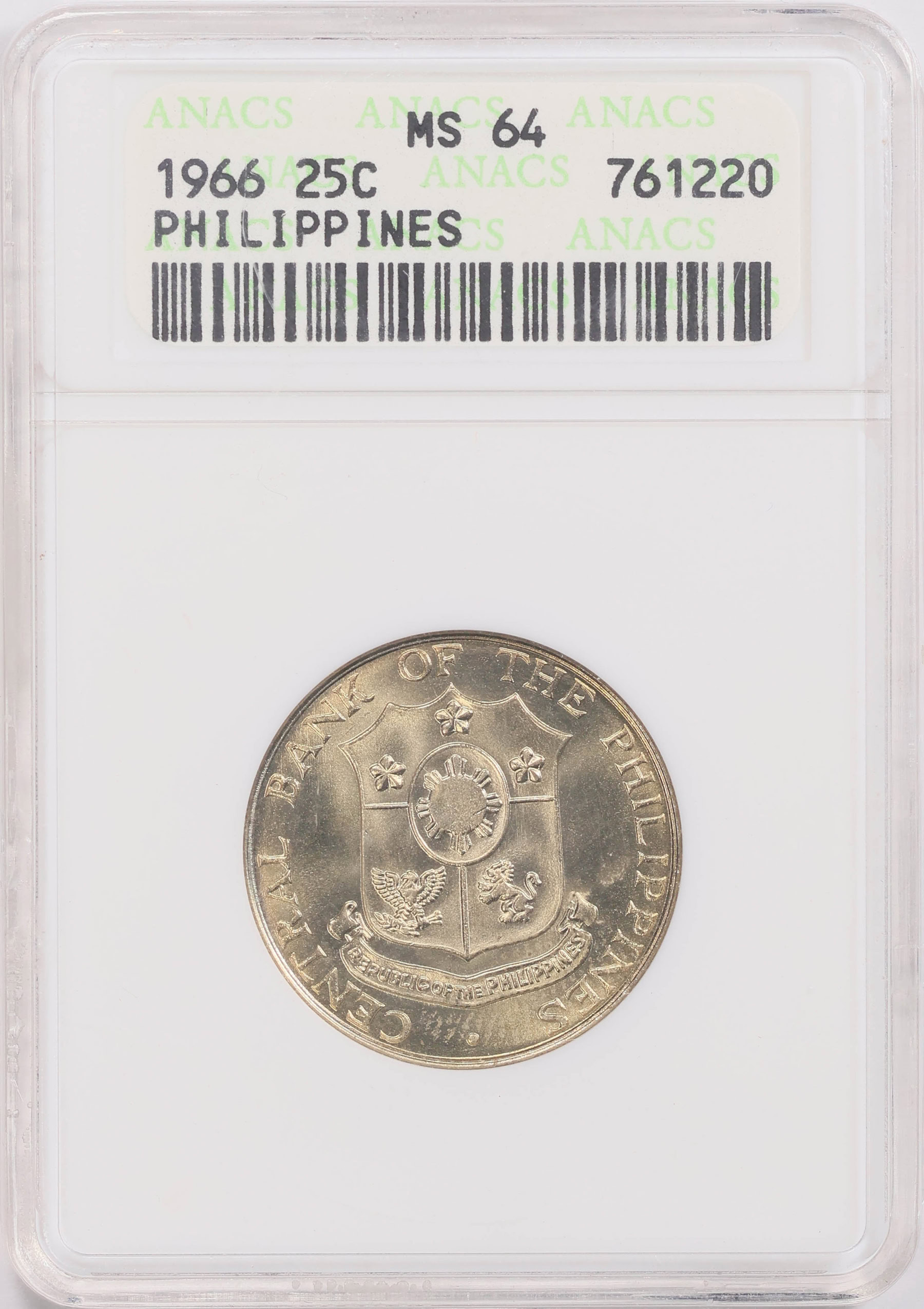 Philippines 1966 25 Centavos Six Smoke Rings KM-189.2 ANACS MS-64 OH ...