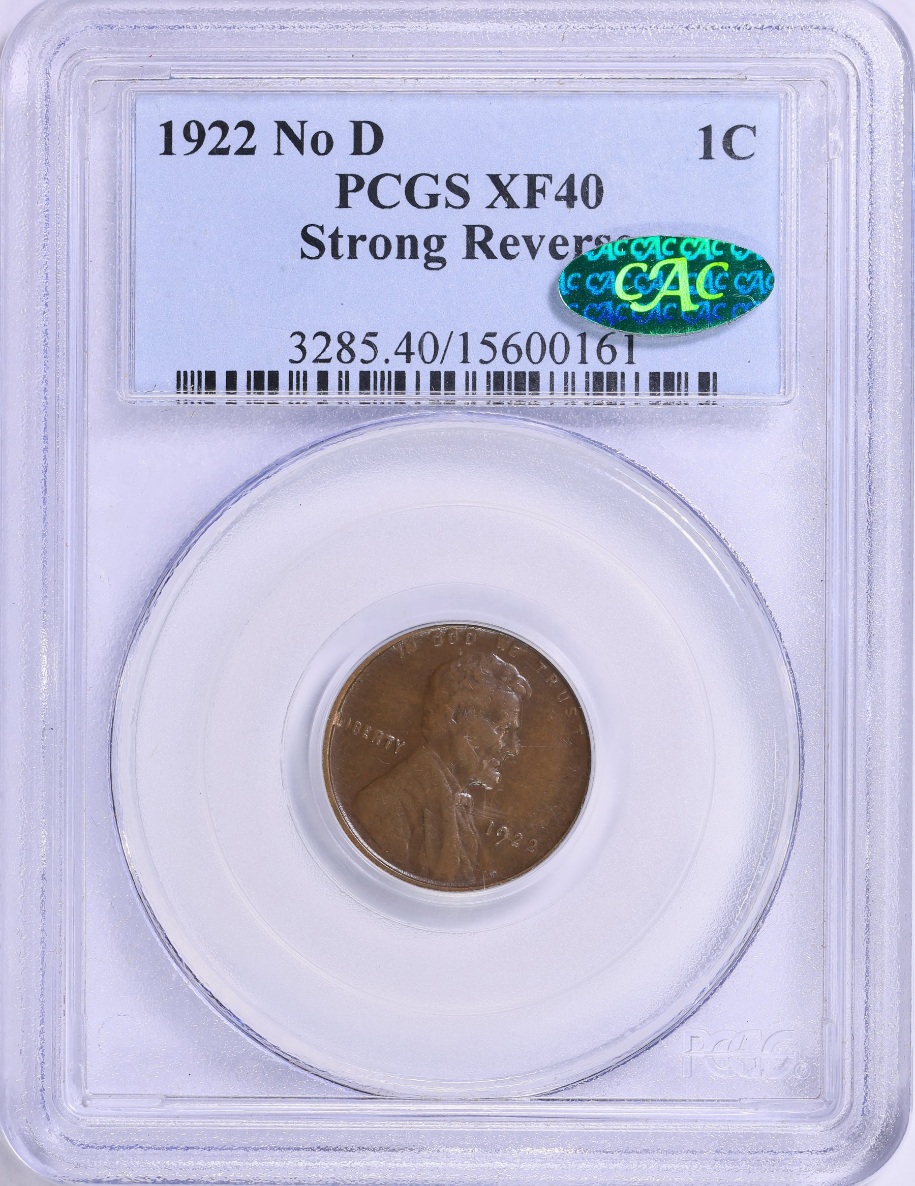 1922-No D Lincoln Cent Strong Reverse PCGS XF-40 BN (CAC Green) (Item 1821533 ...