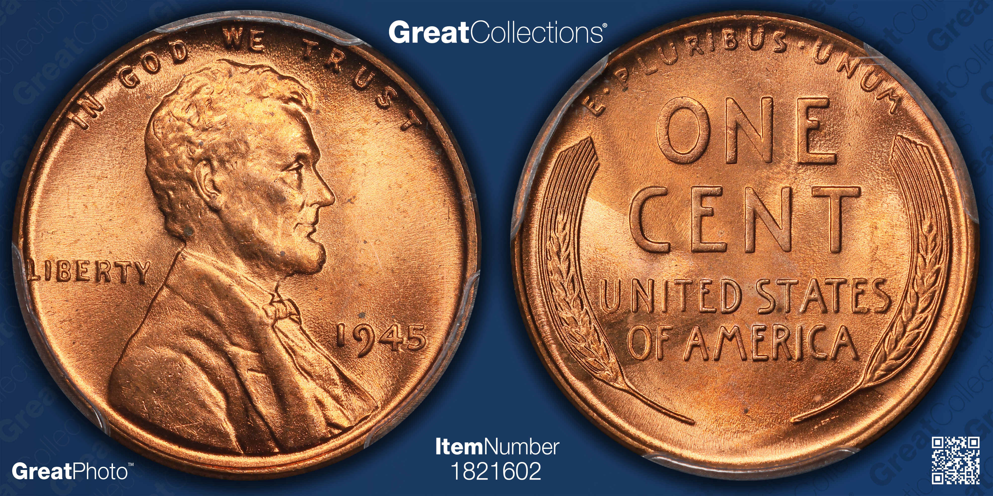 1945 Lincoln Cent PCGS MS-65 RD (Item 1821602) | GreatCollections Coin ...