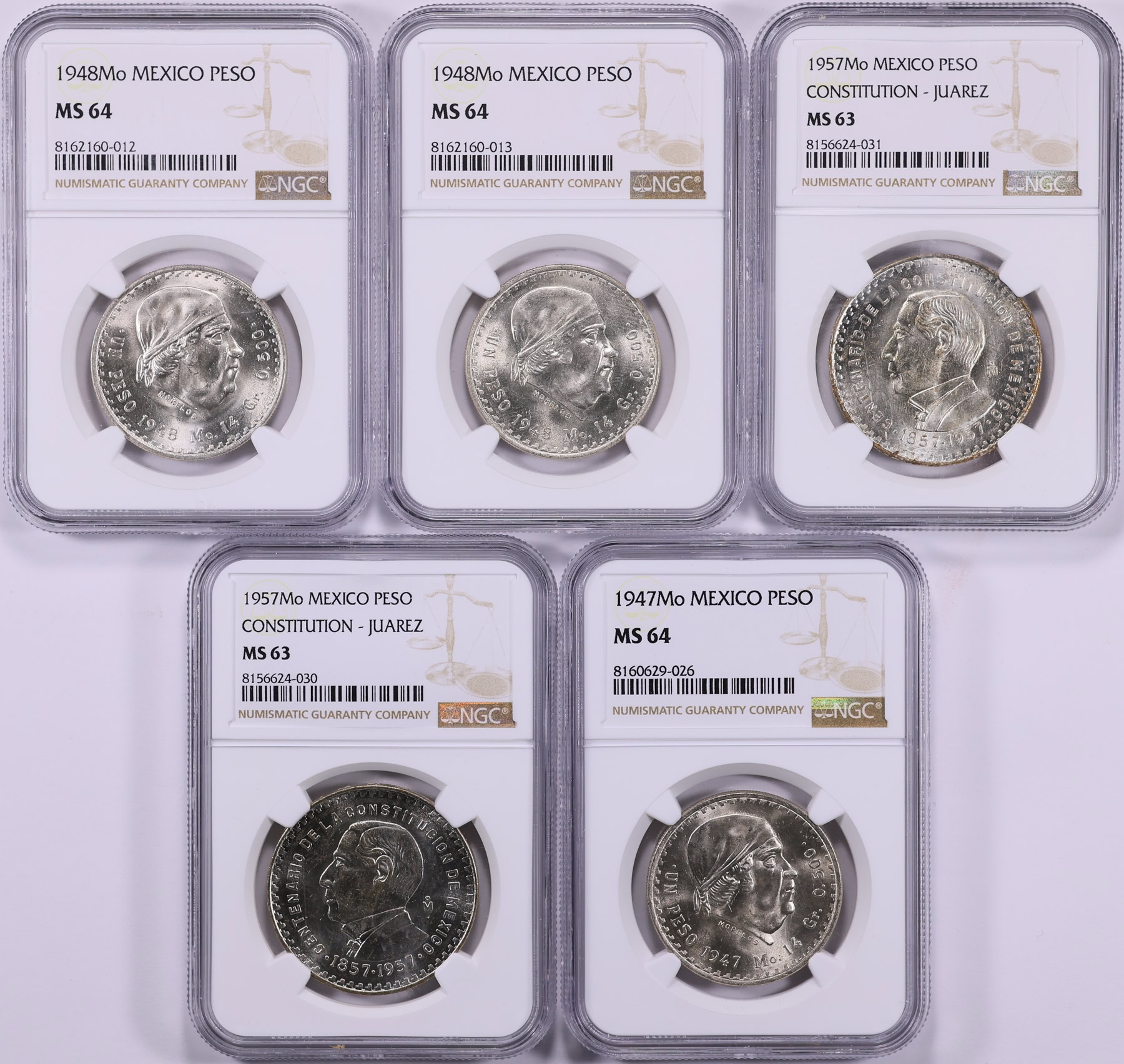 Mexico c.1932 - 1957 Silver Peso Selection NGC MS-63(x2) & MS-64(x8 ...