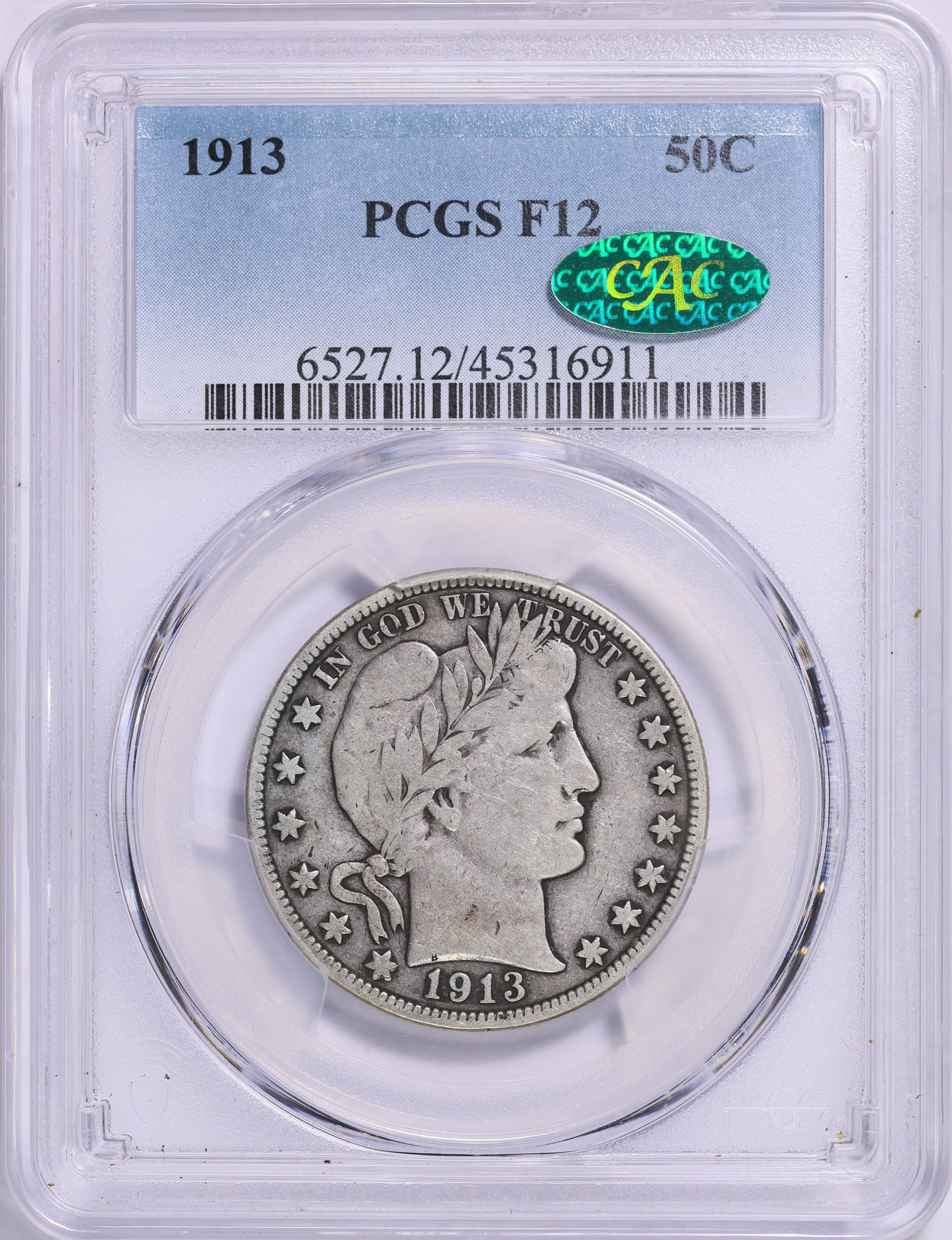 1913 Barber Half Dollar PCGS F-12 (CAC Green) (Item 1821717) | GreatCollections Coin Auctions