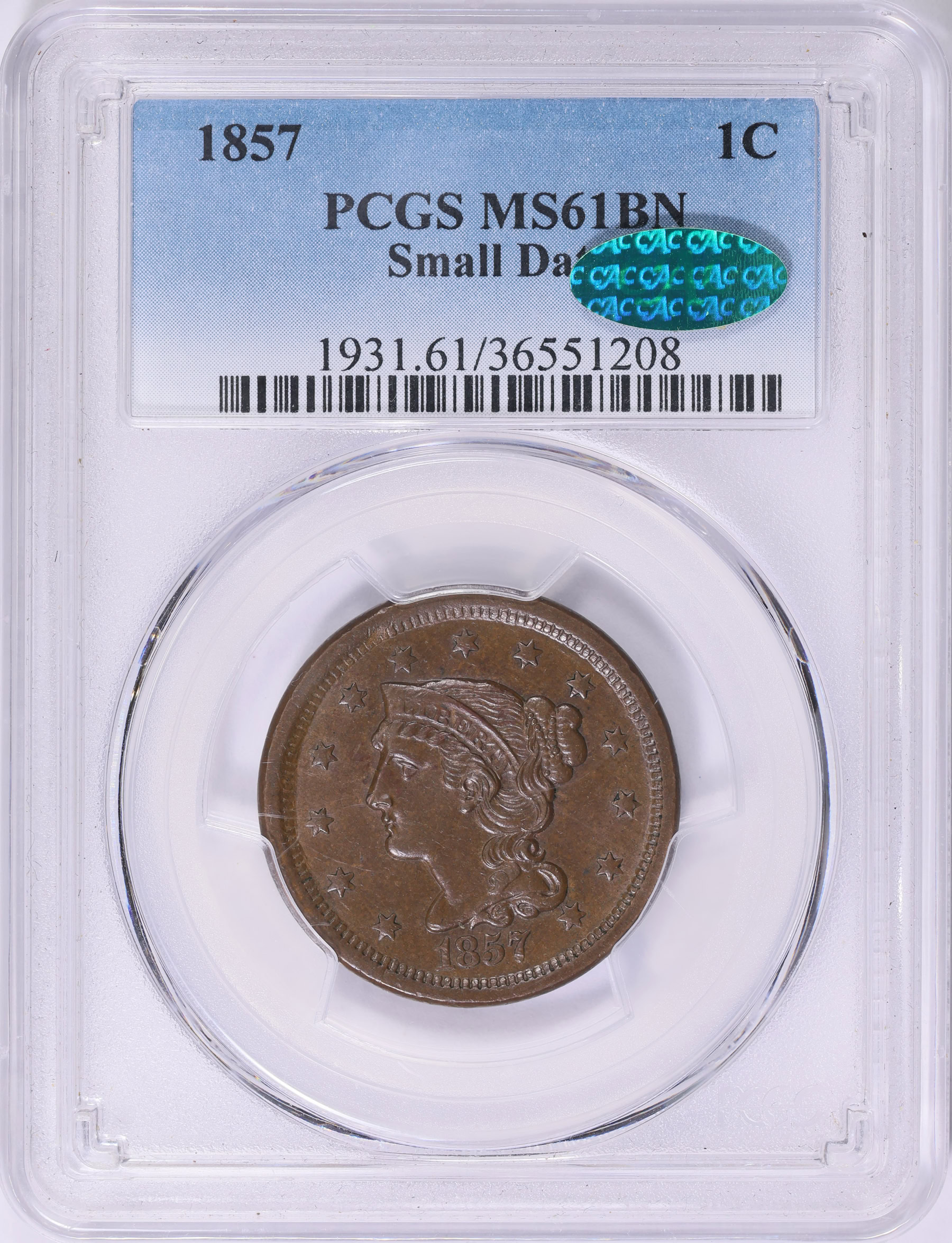 1857 Braided Hair Cent Small Date PCGS MS-61 BN (CAC Green) (Item 1821725) | GreatCollections ...