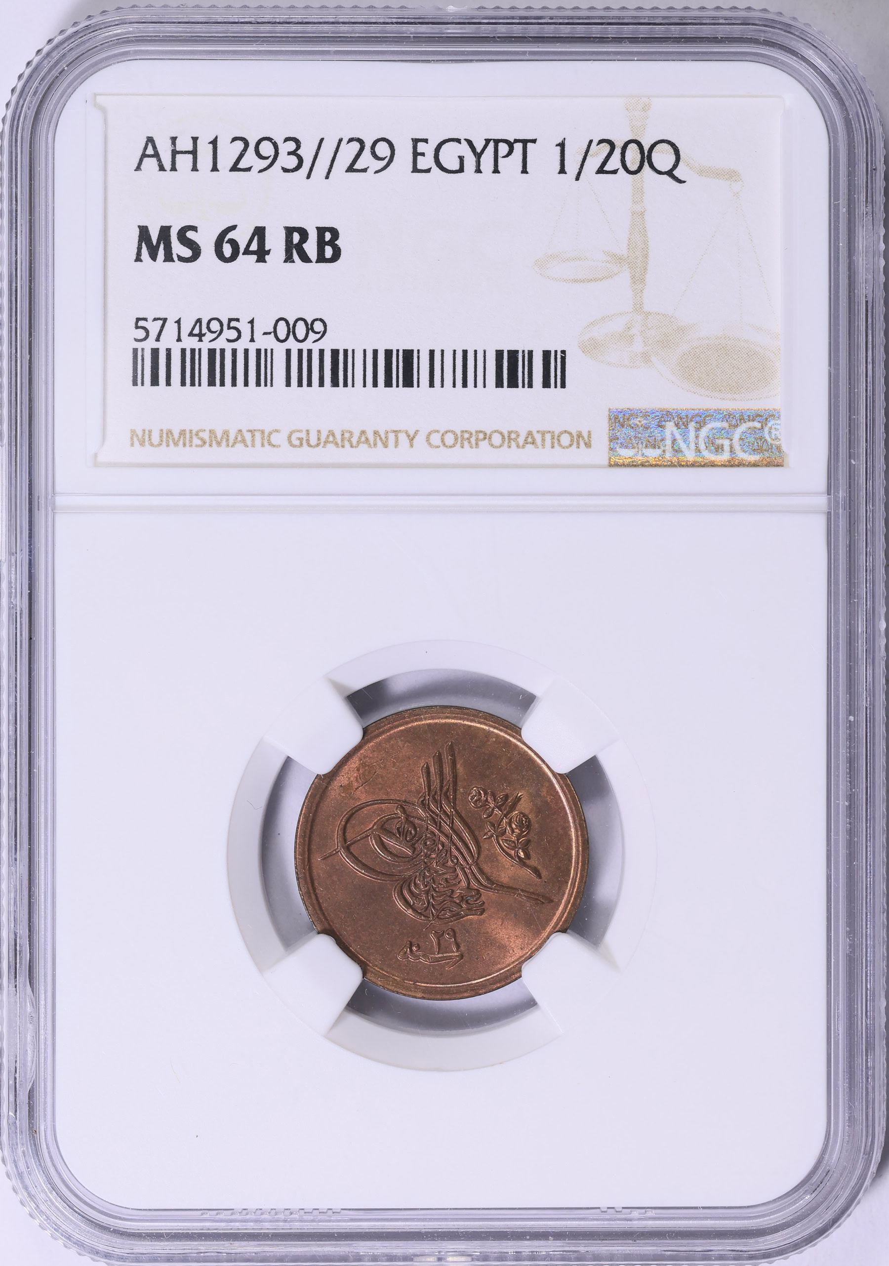 Egypt AH 1293 Year 29 (1904) 1/20 Qirsh KM-288 NGC MS-64 RB (Item ...