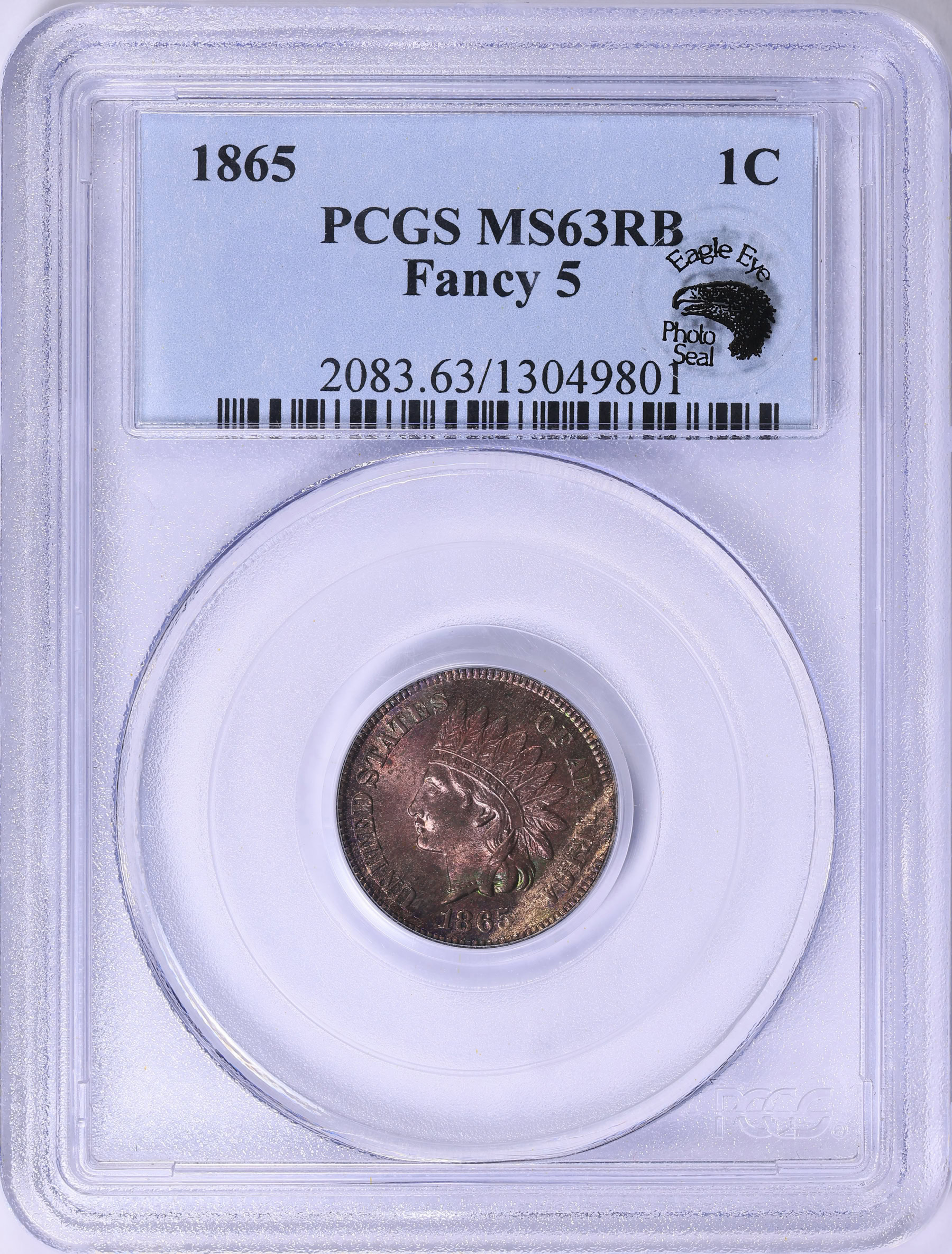 1865 Indian Cent Fancy 5 PCGS MS-63 RB (Toned) (Eagle Eye Seal) (Item 1821914 ...