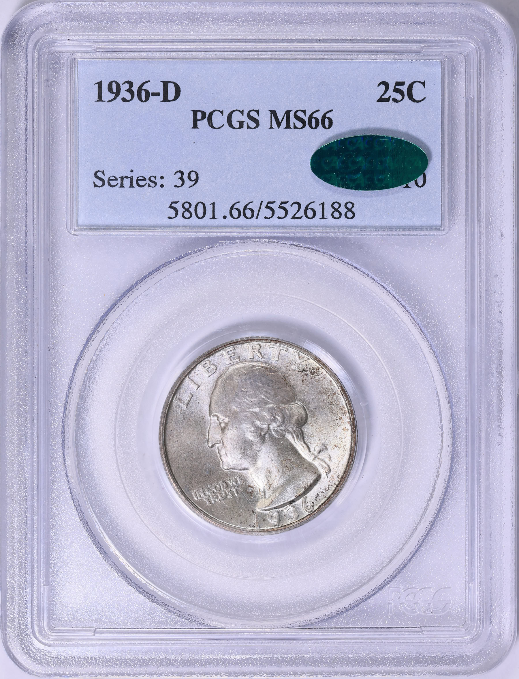 1936-D Washington Quarter PCGS MS-66 (CAC Green) (Item 1821918 ...