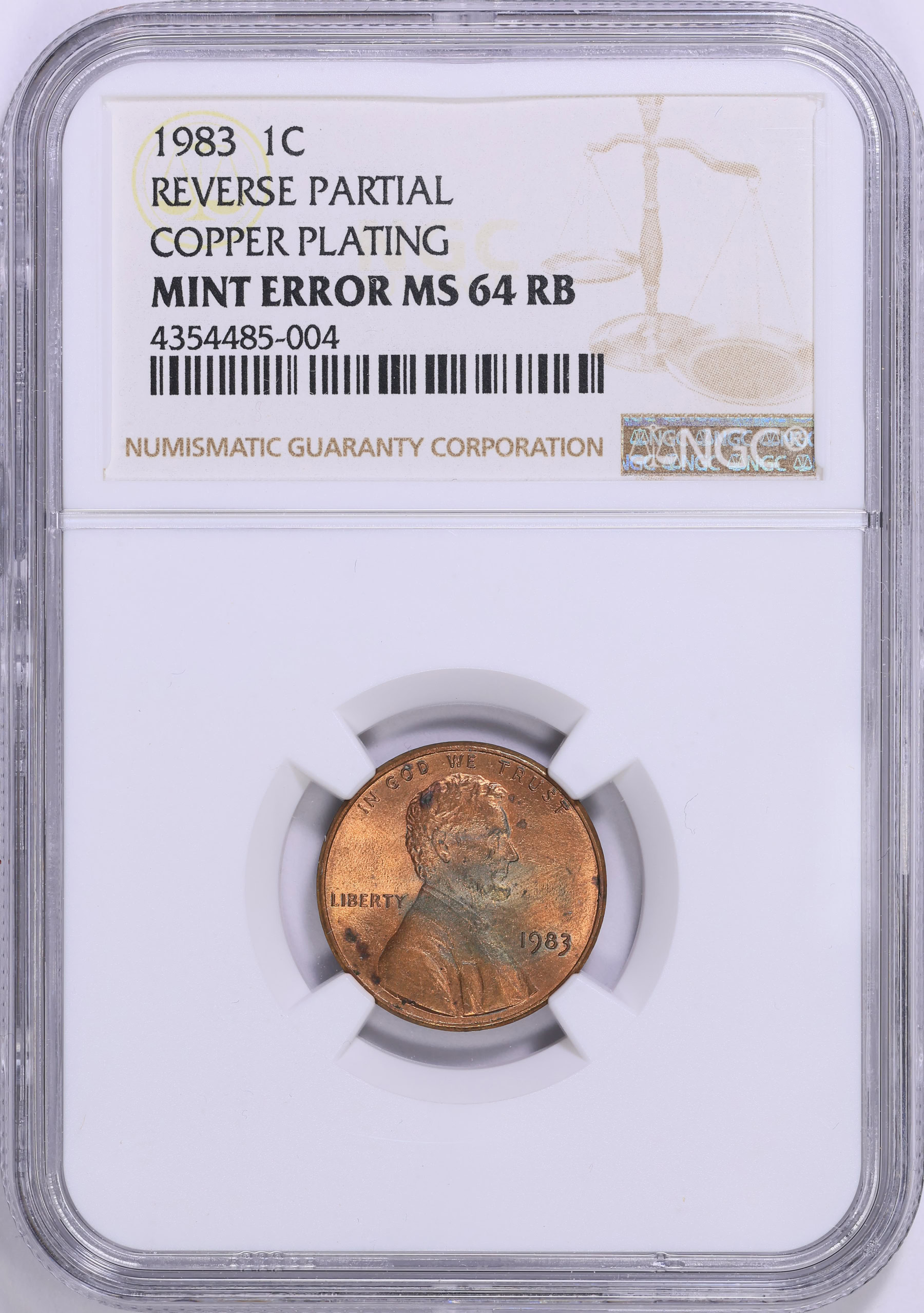Mint Error 1983 Lincoln Cent Reverse Partial Copper Plating NGC MS-64 ...