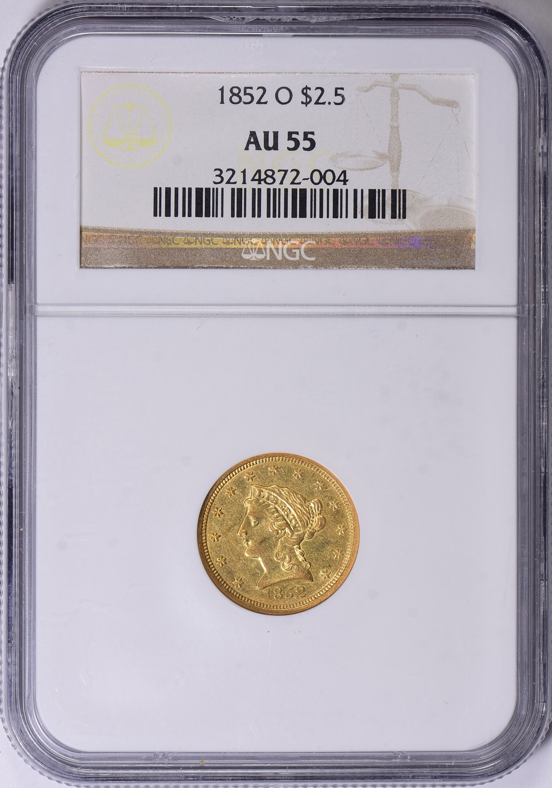 1852-O Liberty Gold Quarter Eagle NGC AU-55 (Item 1822206) | GreatCollections Coin Auctions