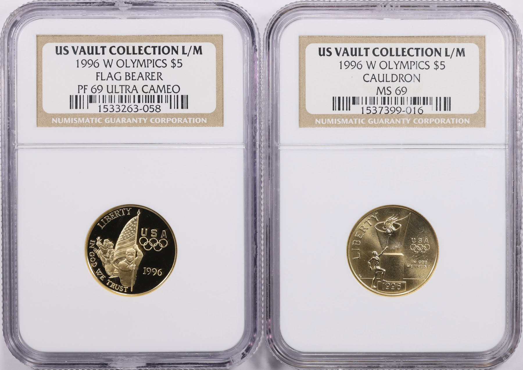 1996-W XXVI Olympiad Flag Bearer Gold $5 and Cauldron $5 NGC Proof-69 ...