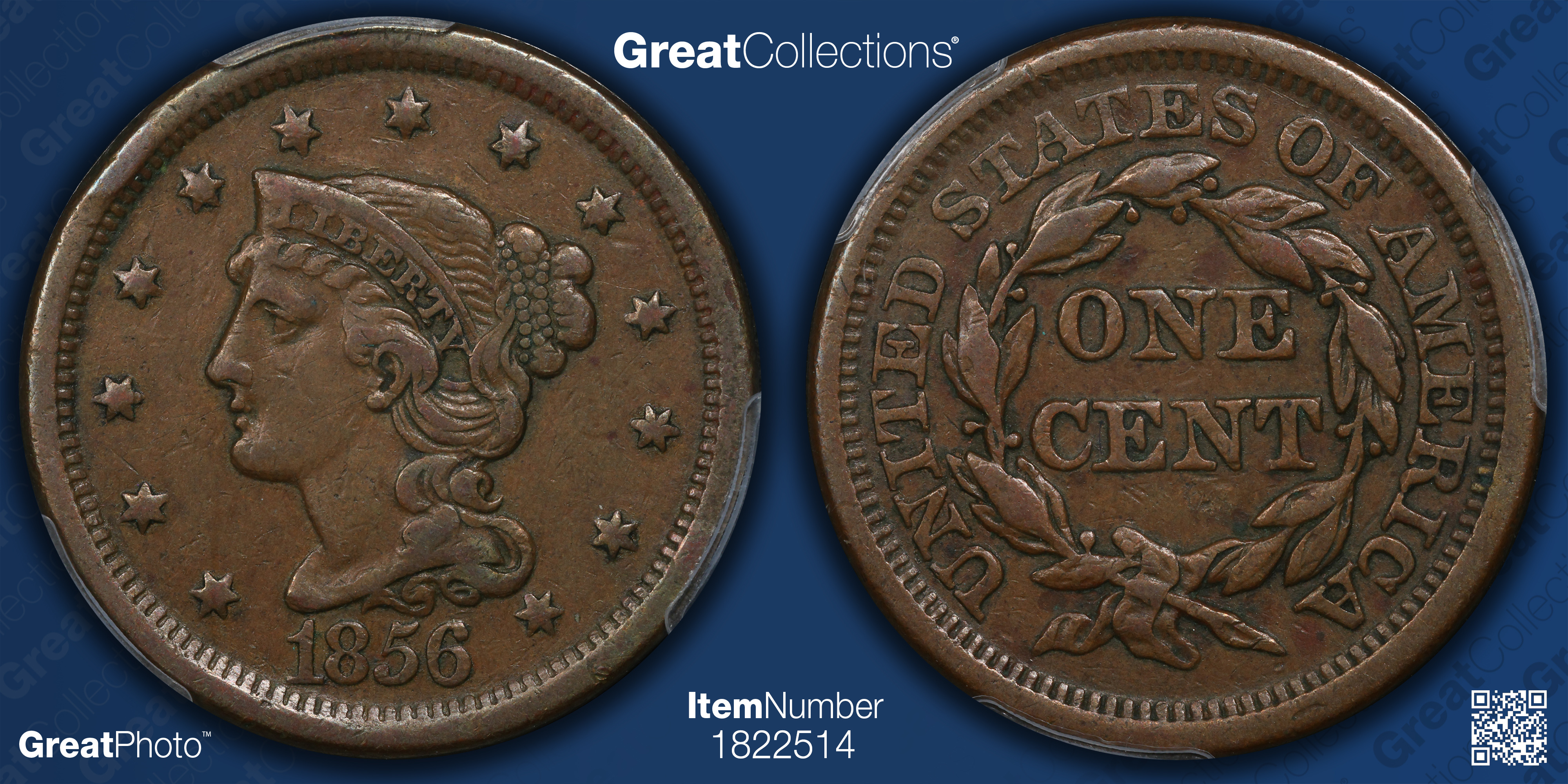 1856 Braided Hair Cent Slanted 5 PCGS VF-30 BN (Item 1822514 ...