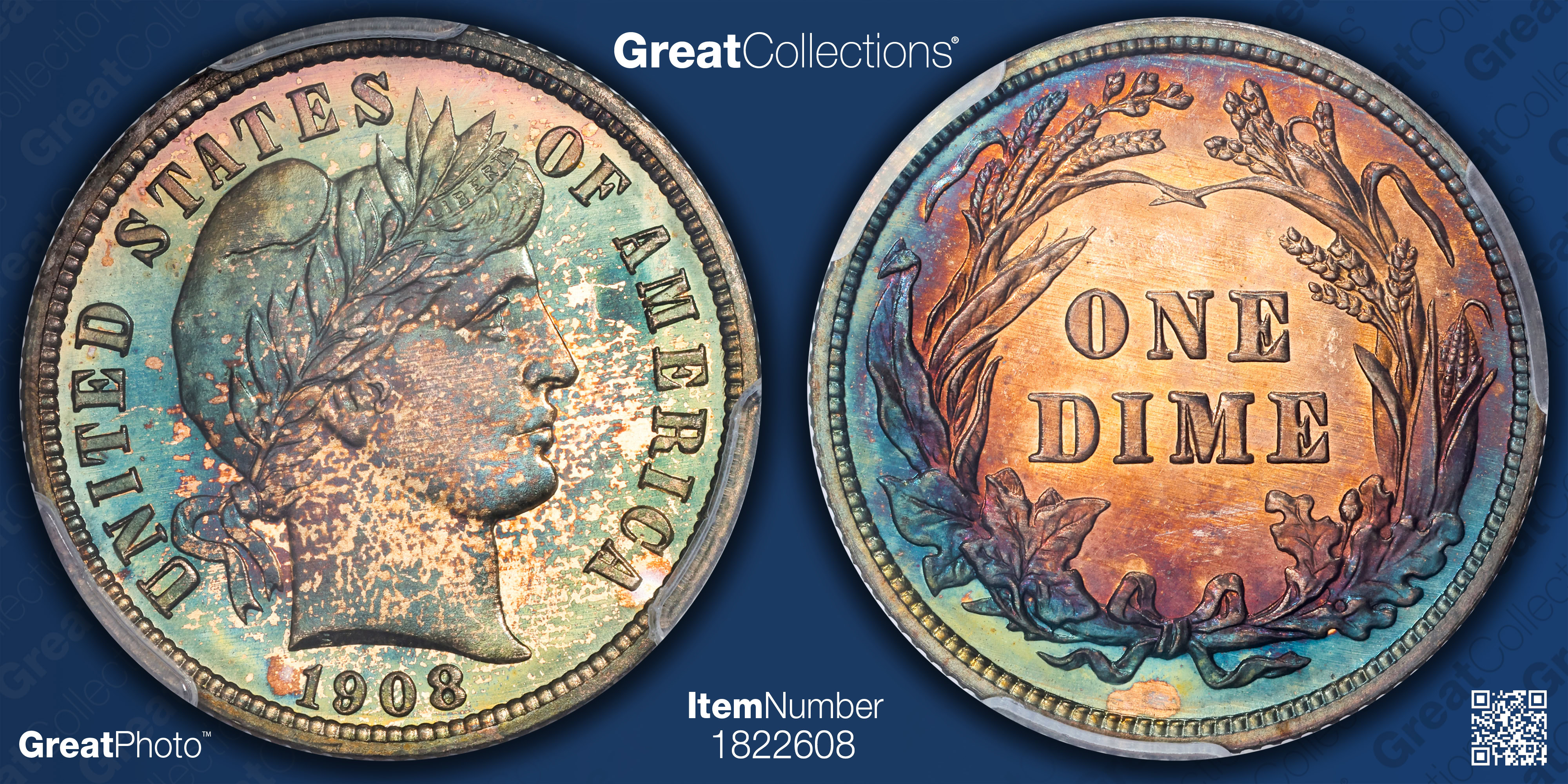 1908 Barber Dime PCGS Proof-67+ (CAC Green) (Toned) (The Childs ...