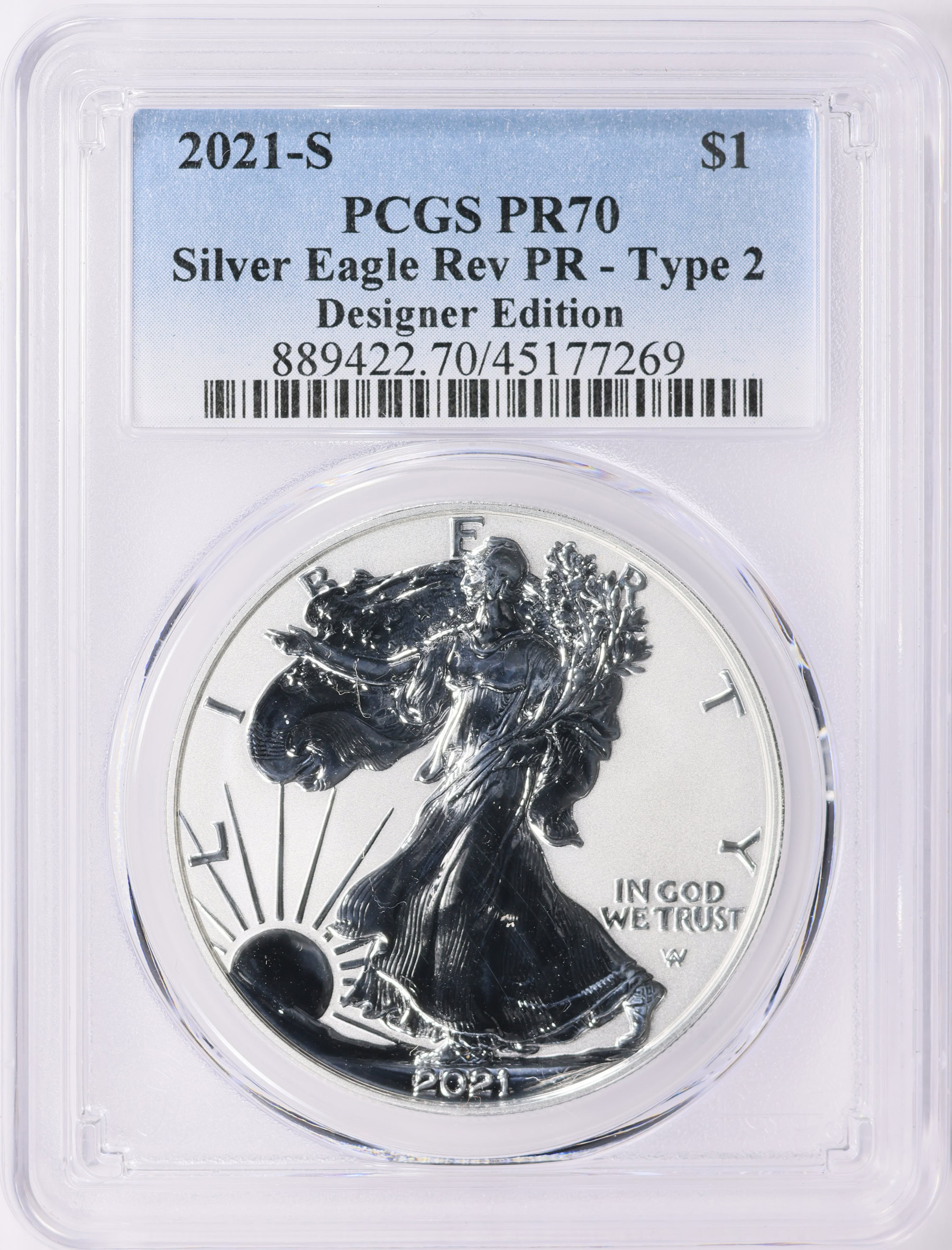 2021-S $1 Silver Eagle Reverse Proof Type 2 Designer Edition PCGS Proof-70 (Item 1822702 ...