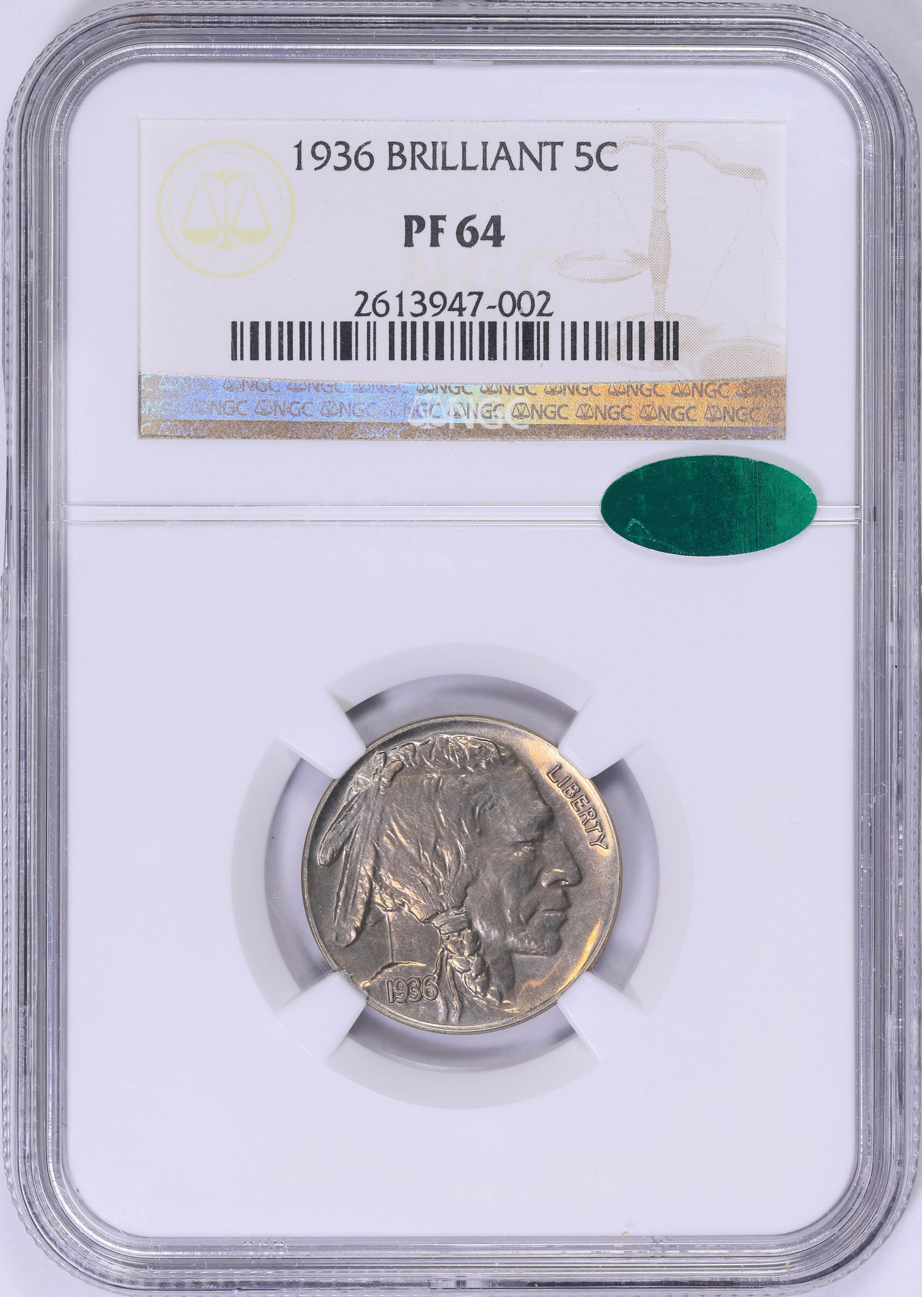 1936 Buffalo Nickel Type 2 Brilliant NGC Proof-64 (CAC Green) (Item 1822707) | GreatCollections ...