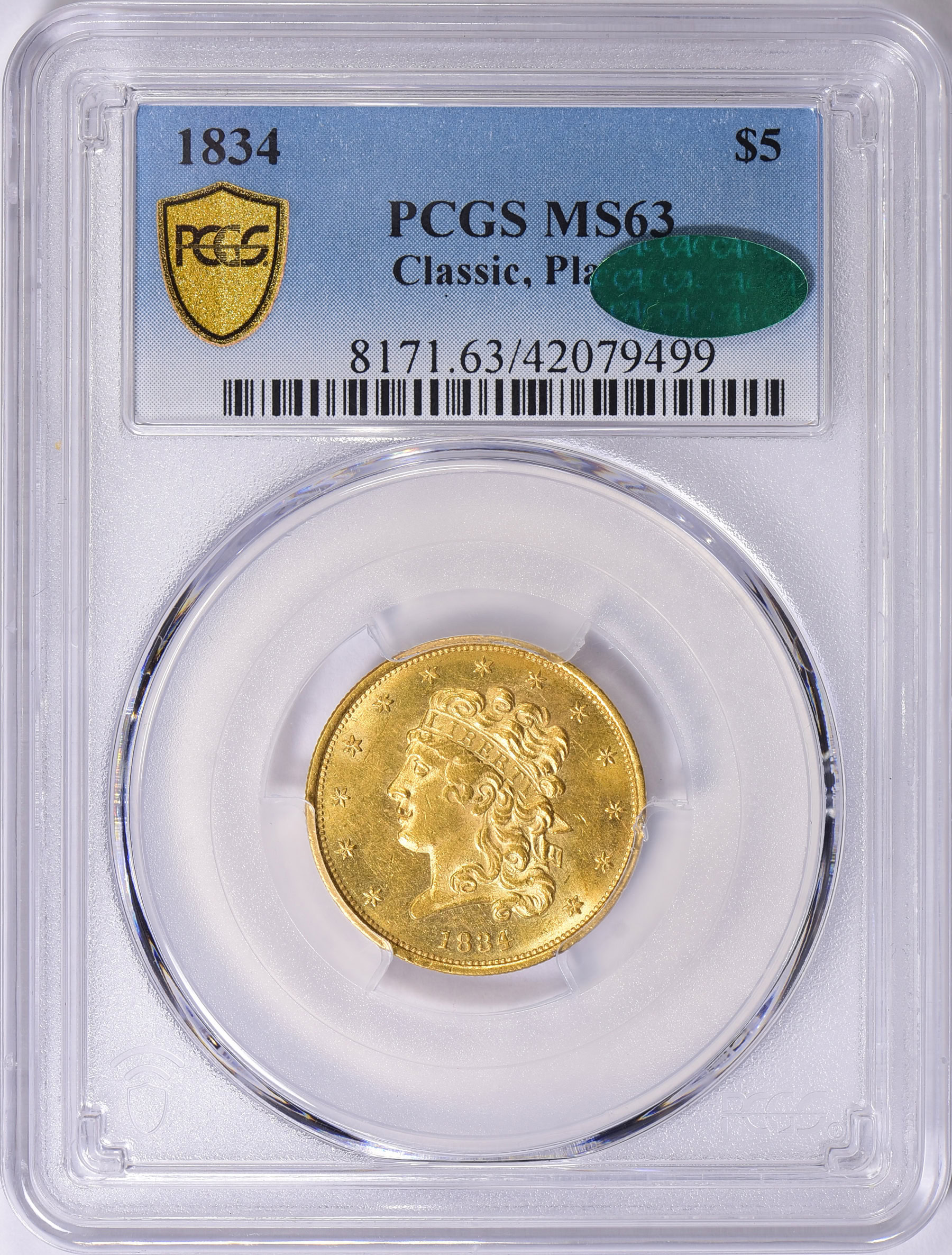 1834 Classic Head Gold Half Eagle Plain 4 PCGS MS-63 (CAC Green) (Item 1822747 ...