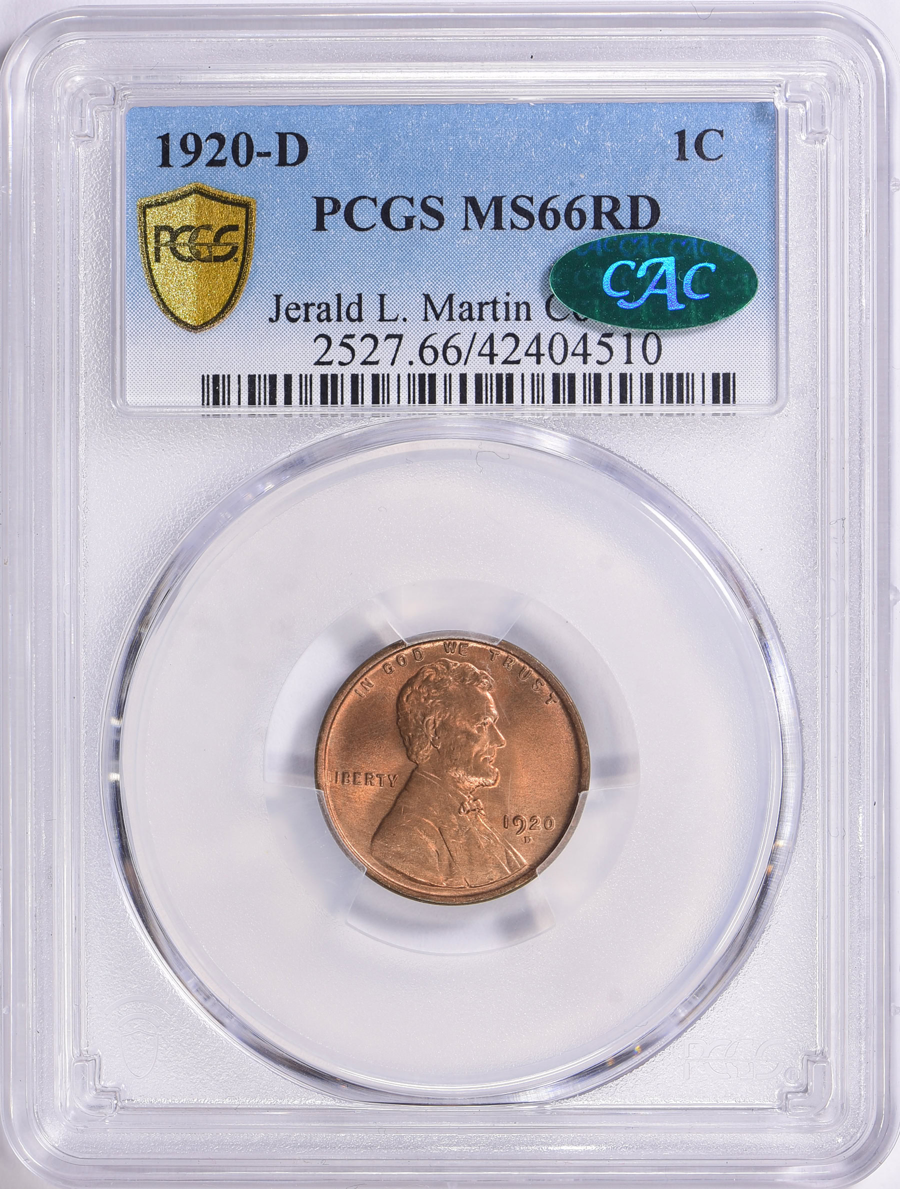 1920-D Lincoln Cent PCGS MS-66 RD (CAC Green) (Jerald L. Martin ...