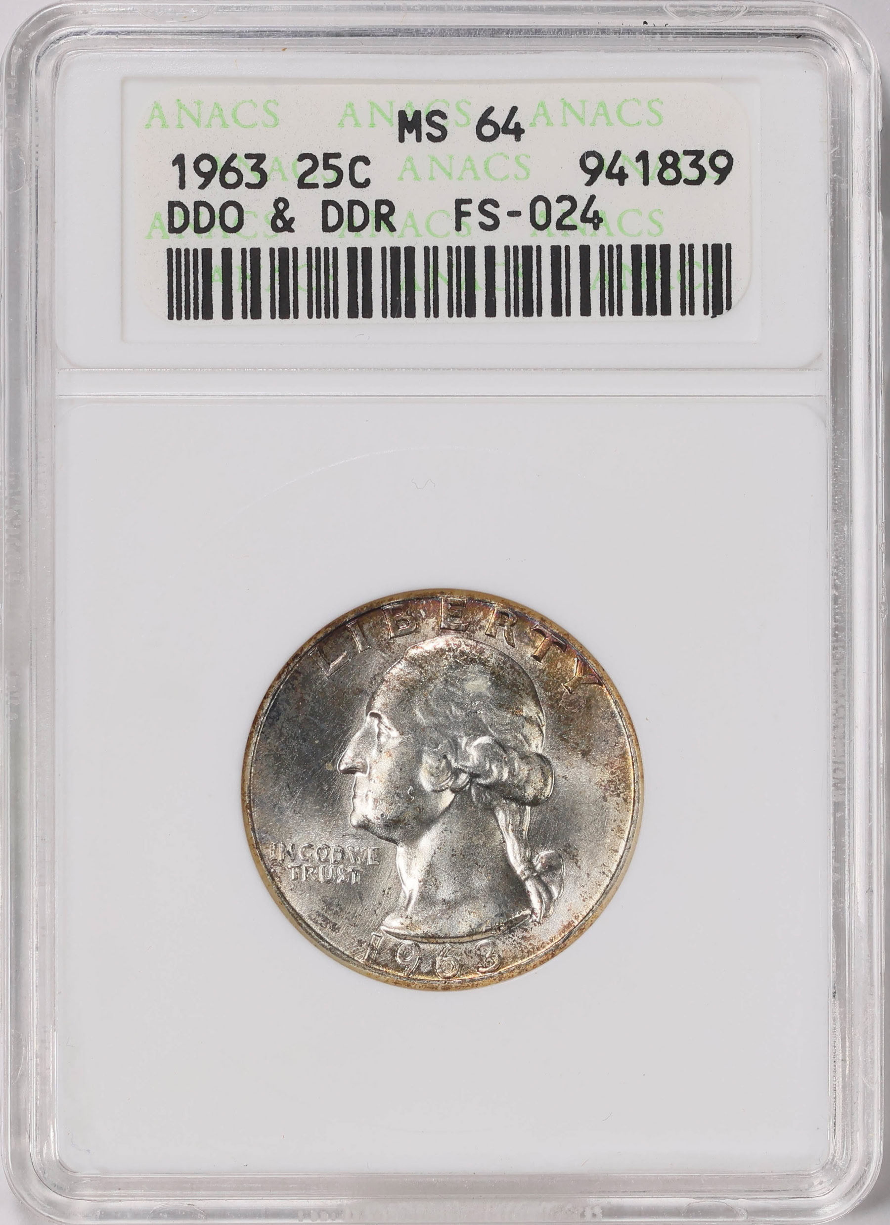 1963 Washington Quarter DDO & DDR FS-024 ANACS MS-64 OH (Toned) (Item 1822802 ...