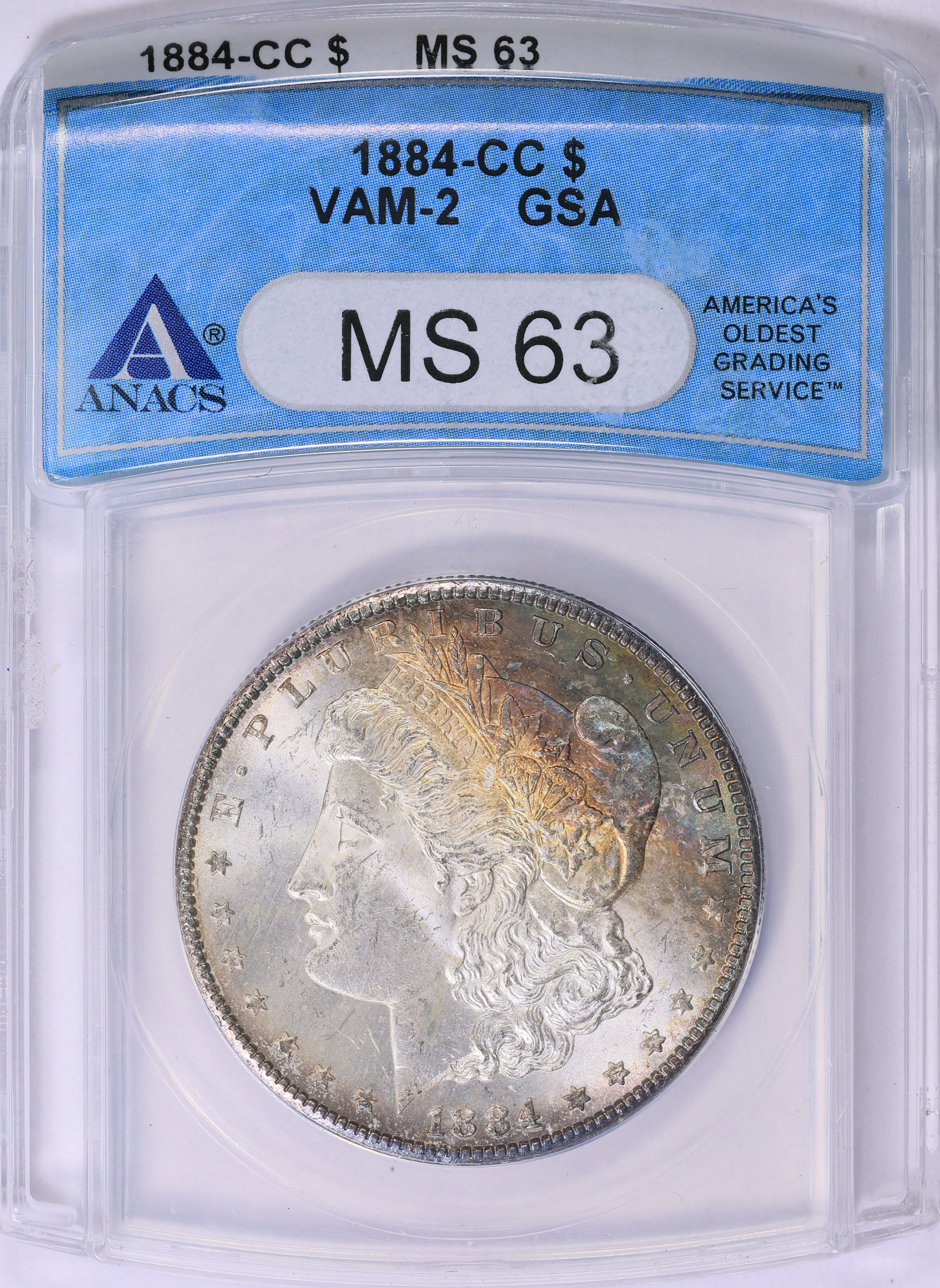 1884-CC Morgan Silver Dollar VAM-2 ANACS MS-63 (GSA) (Toned) (Item 1822863) | GreatCollections ...