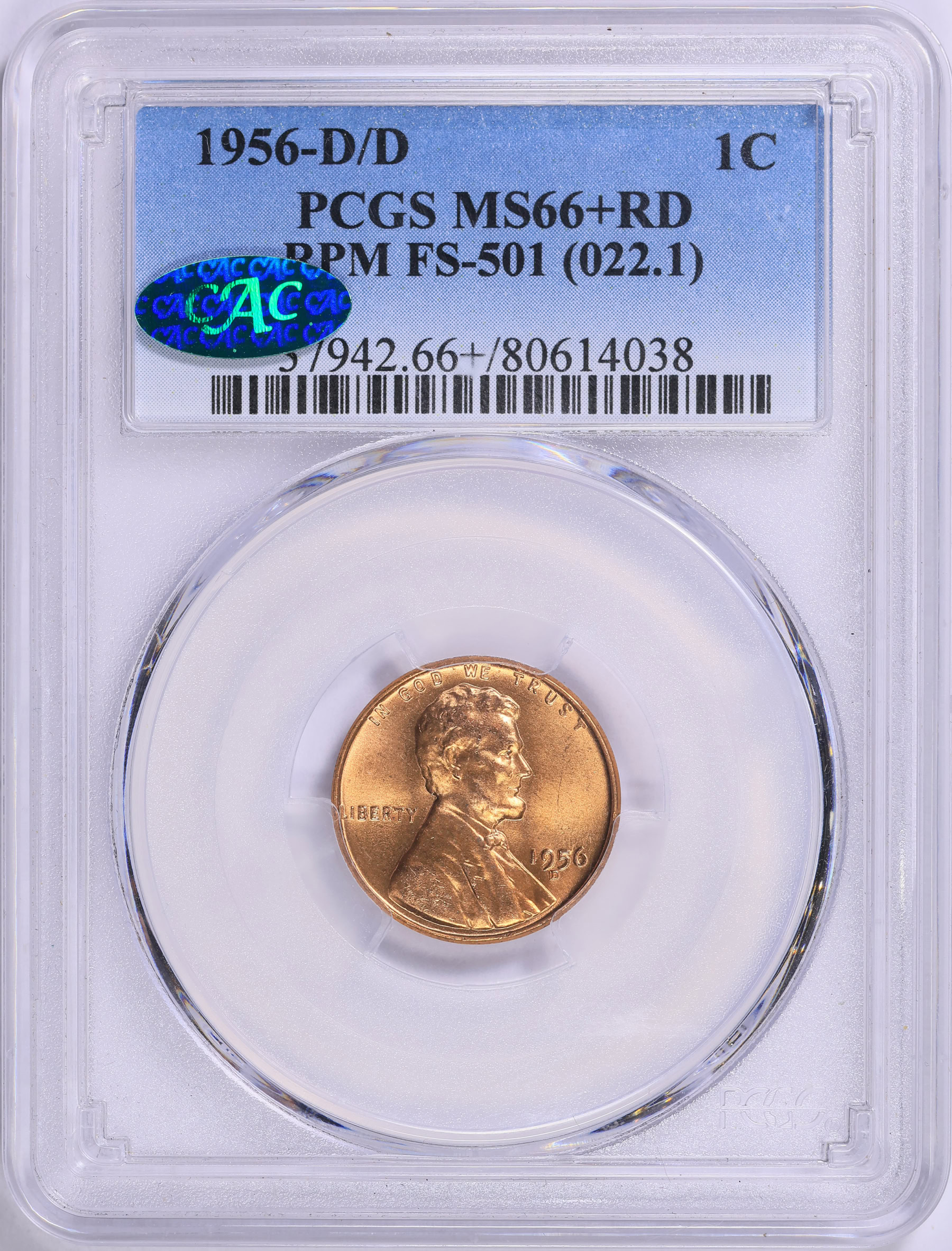 1956-D/D Lincoln Cent Repunched Mintmark FS-501 (022.1) PCGS MS-66+ RD (CAC Green) (Item 1822938 ...